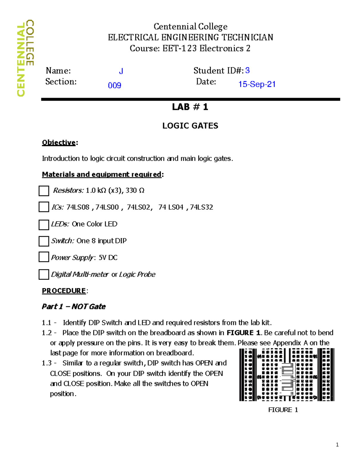 EET123 LAB 1 Logic Gates - F21-Rev1 - Centennial College ELECTRICAL ...