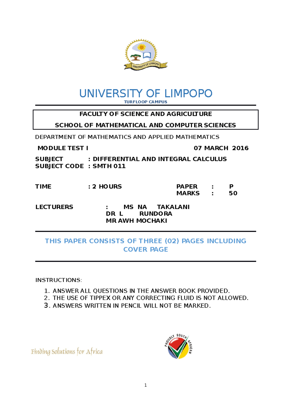 SMTH011 TEST 1 2016 - TEST 1 - UNIVERSITY OF LIMPOPO TURFLOOP CAMPUS ...