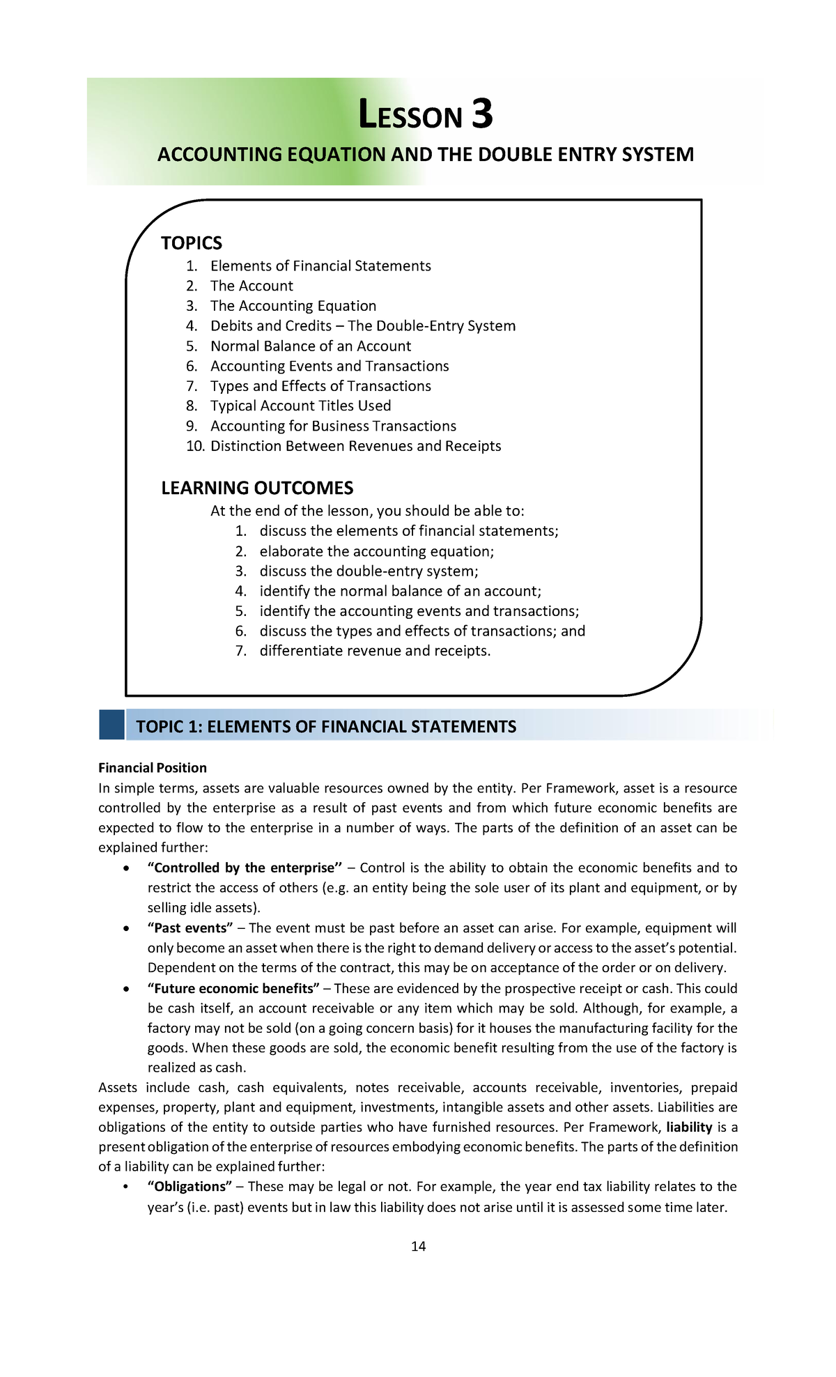 Lesson-3 - Bsa - TOPICS 1. Elements of Financial Statements 2. The ...