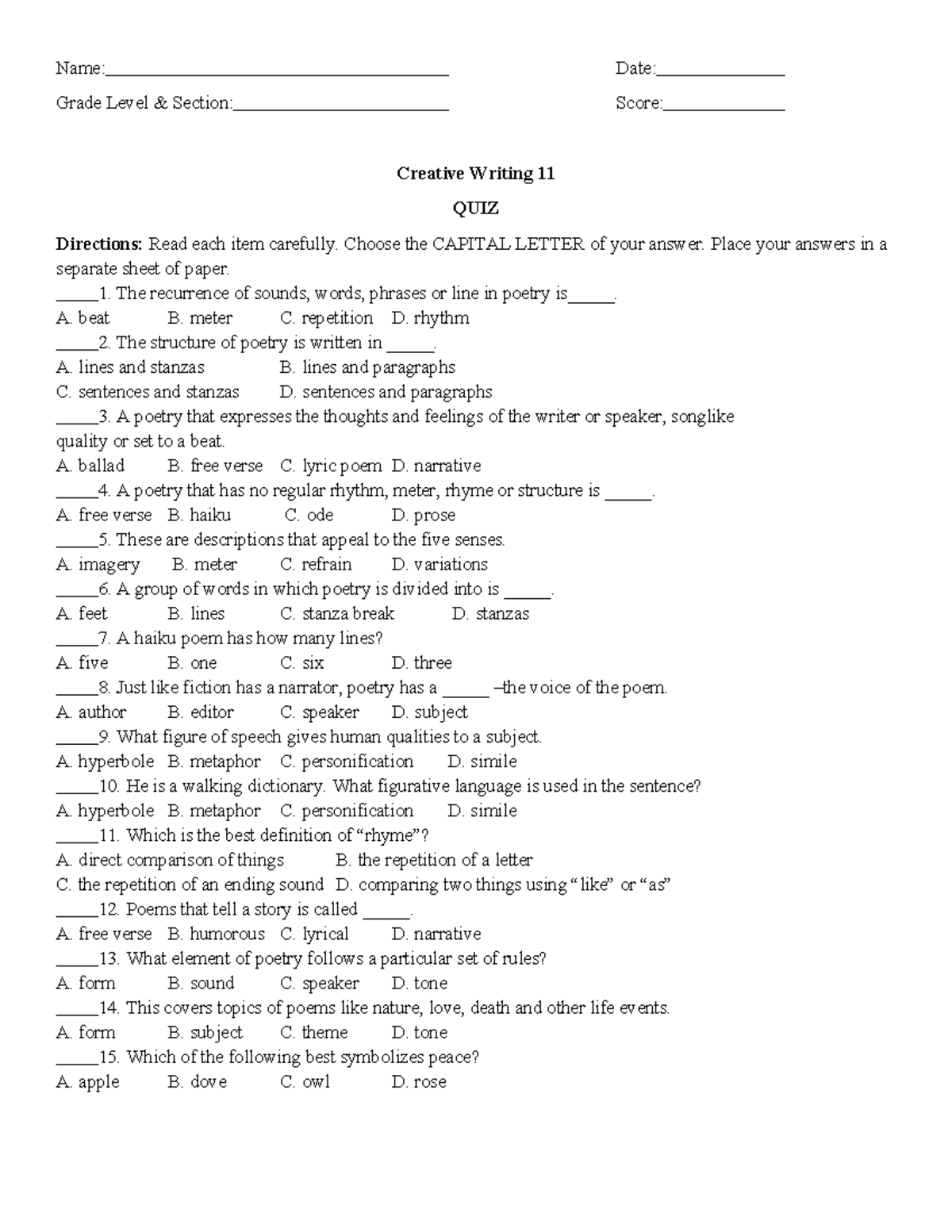 Creative Writing 11 (Quiz) - Name: Date: Grade Level & Section: Score ...