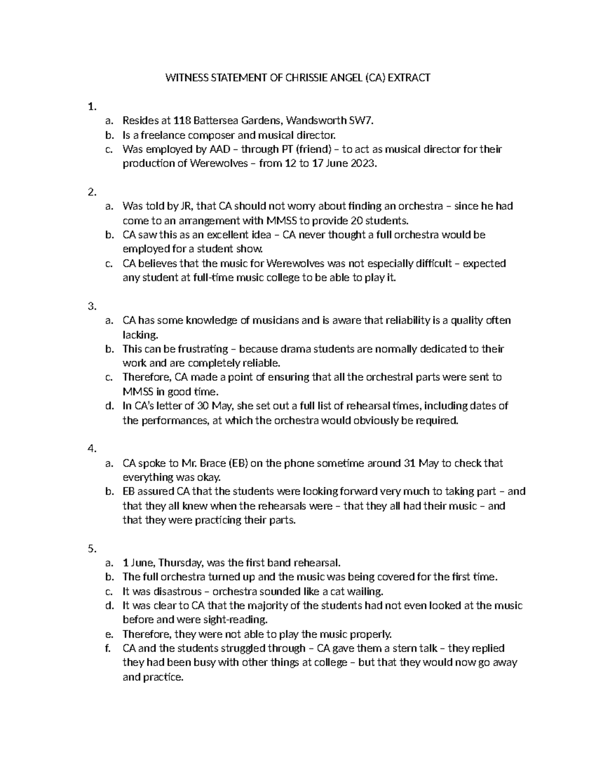 W:S CA - Summary Drafting - WITNESS STATEMENT OF CHRISSIE ANGEL (CA ...