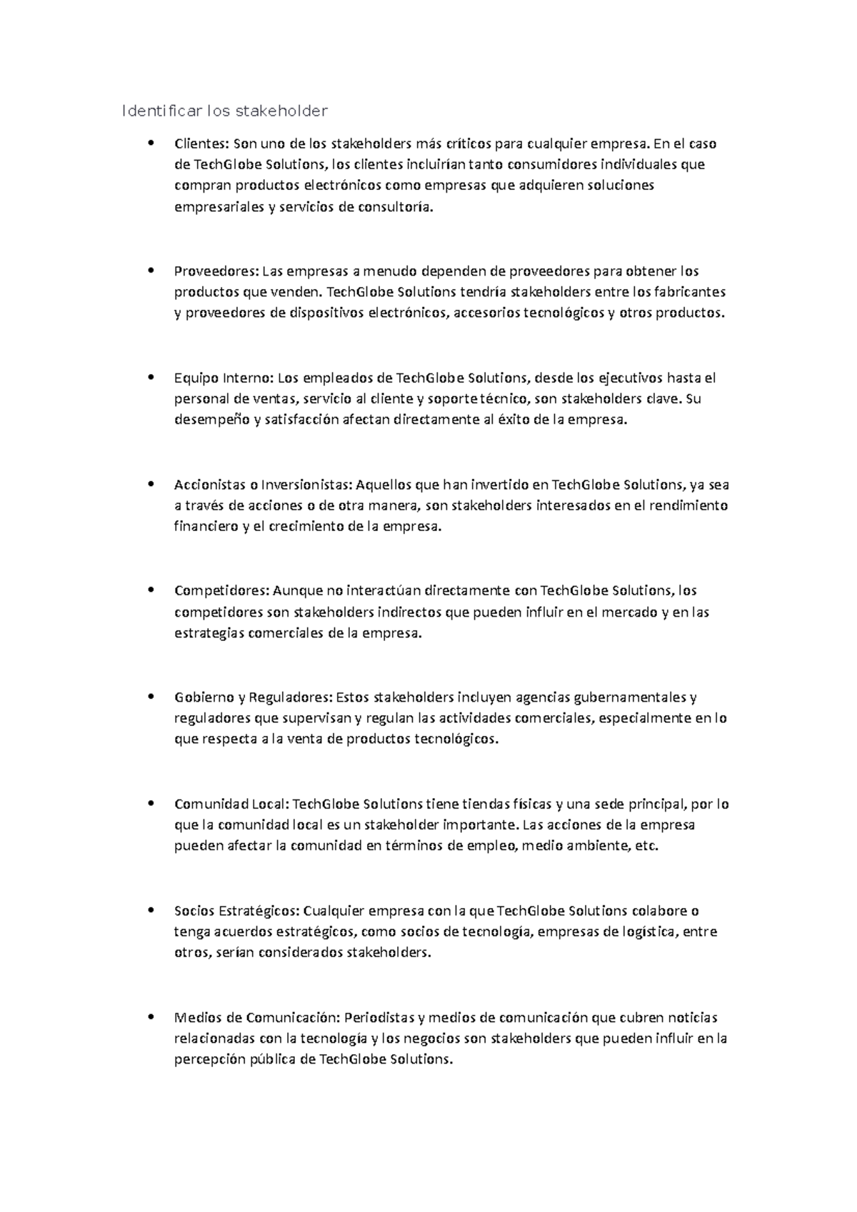 Identificar los stakeholder - En el caso de TechGlobe Solutions, los ...