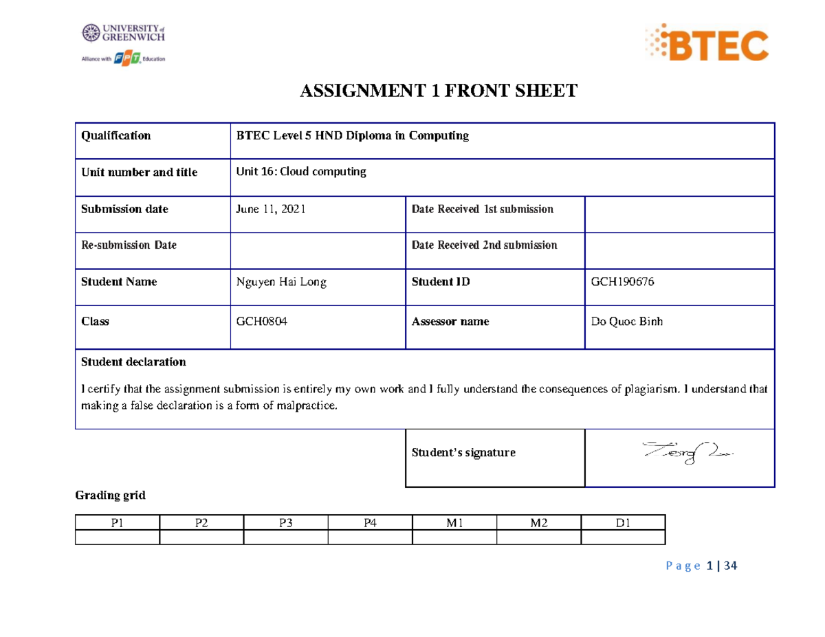 Unit-16 - aaaaaaaaaaaaa - ASSIGNMENT 1 FRONT SHEET Qualification BTEC Level 5 HND Diploma in ...