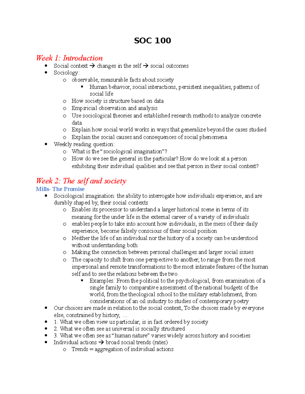 SOC 100 - This is a comprehensive note that encompasses every material in the semester. - SOC ...