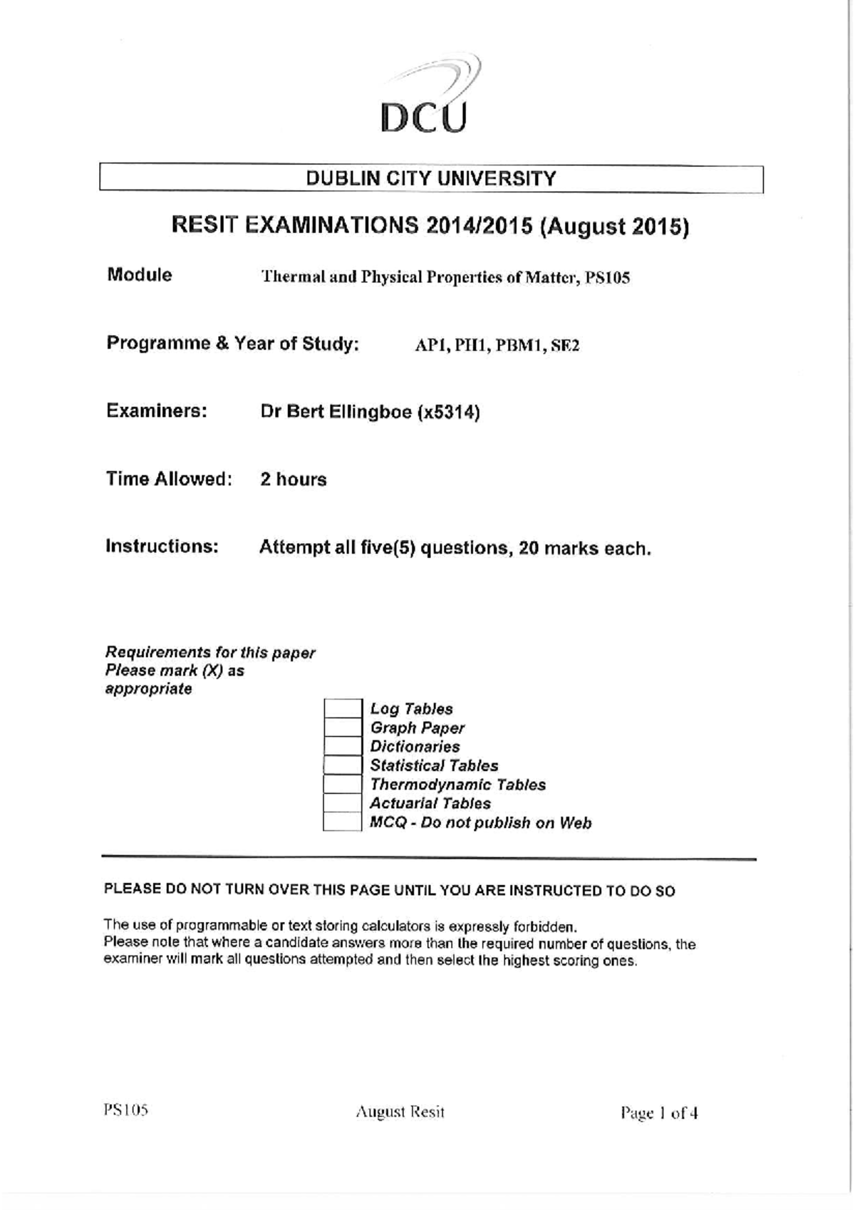 AUGUST/RESIT EXAMINATIONS 2014/2015 - \ DCU DUBLIN CITY UNIVERSITY I ...