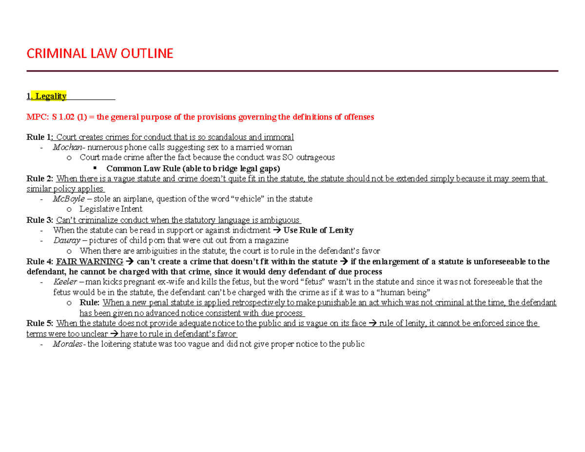 Criminal LAW Outline - ZA - CRIMINAL LAW OUTLINE 1. Legality MPC: S 1 ...