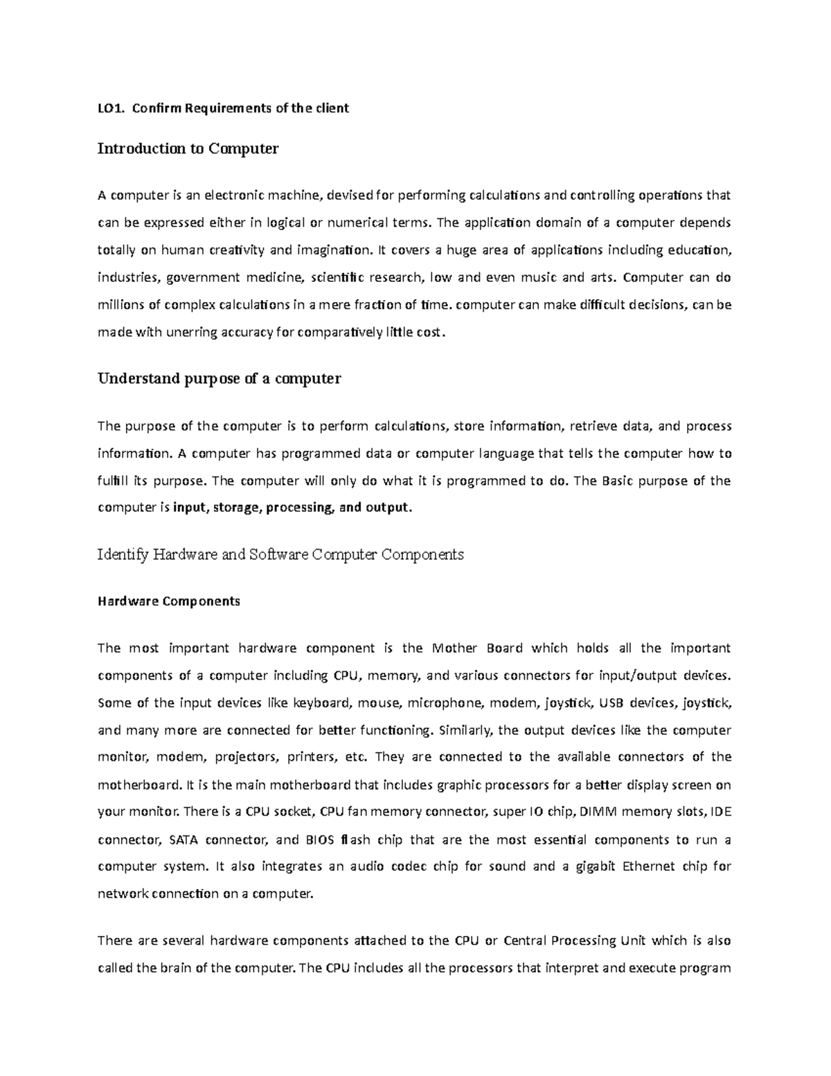 Introduction to Computer - LO1. Confirm Requirements of the client ...