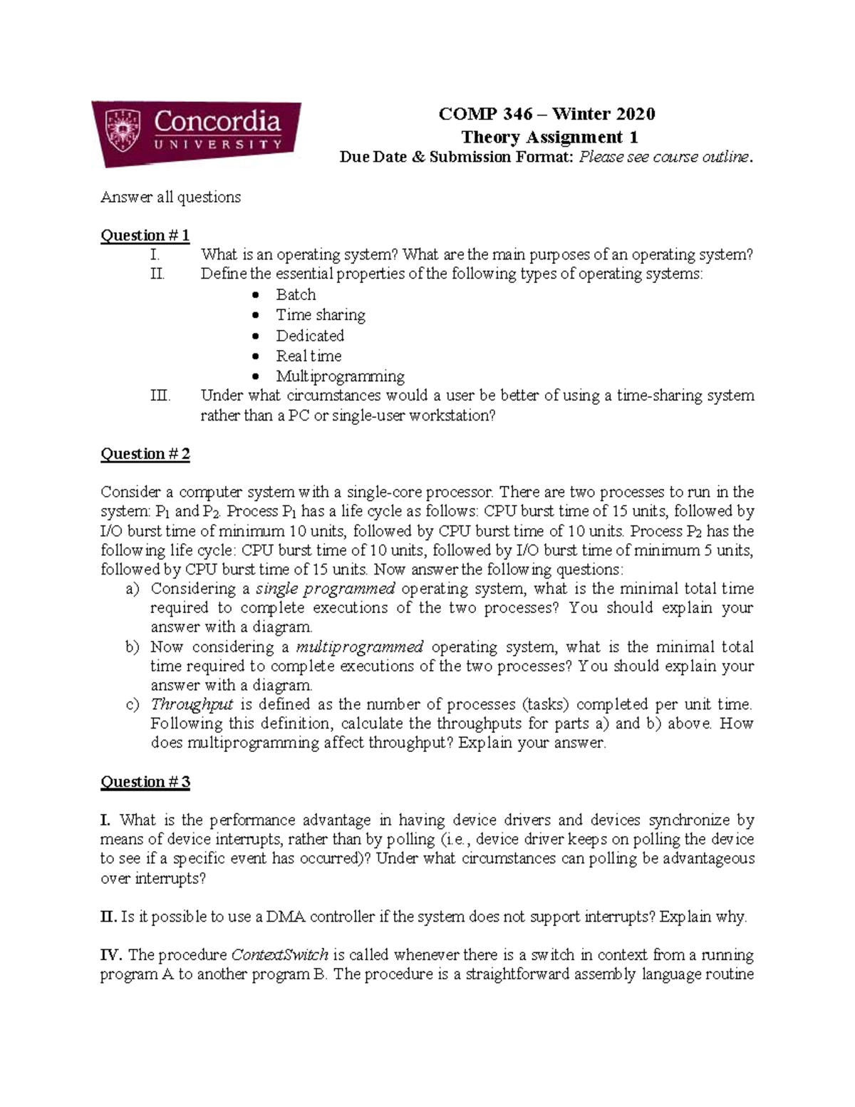 Theory Assignment 1 - COMP 346 – Winter 2020 Theory Assignment 1 Due Date & Submission Format ...