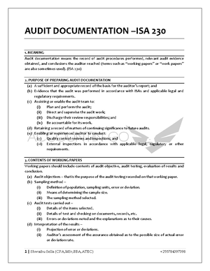 Audit Documentation - ISA 315 - AUDIT DOCUMENTATION –ISA 230 1. MEANING Audit documentation ...