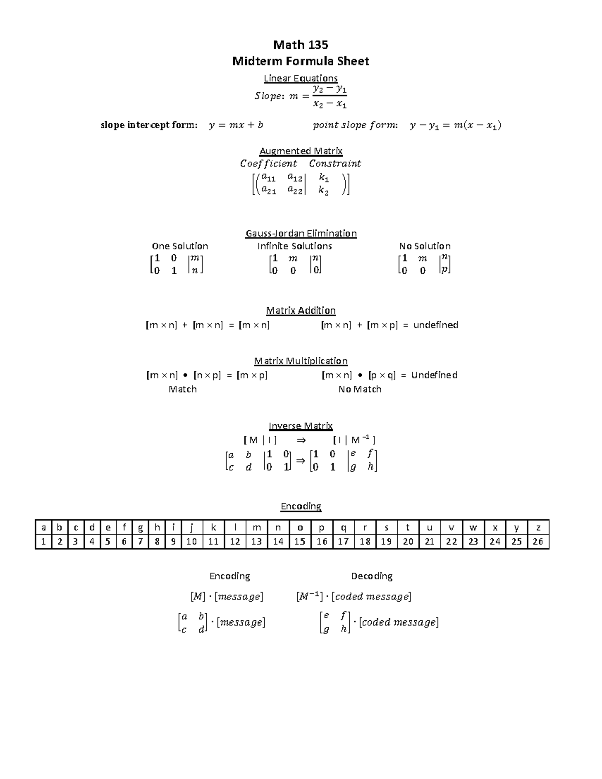 M135 Midterm Formula Sheet - SU18 (1) - Math 135 Midterm Formula Sheet ...