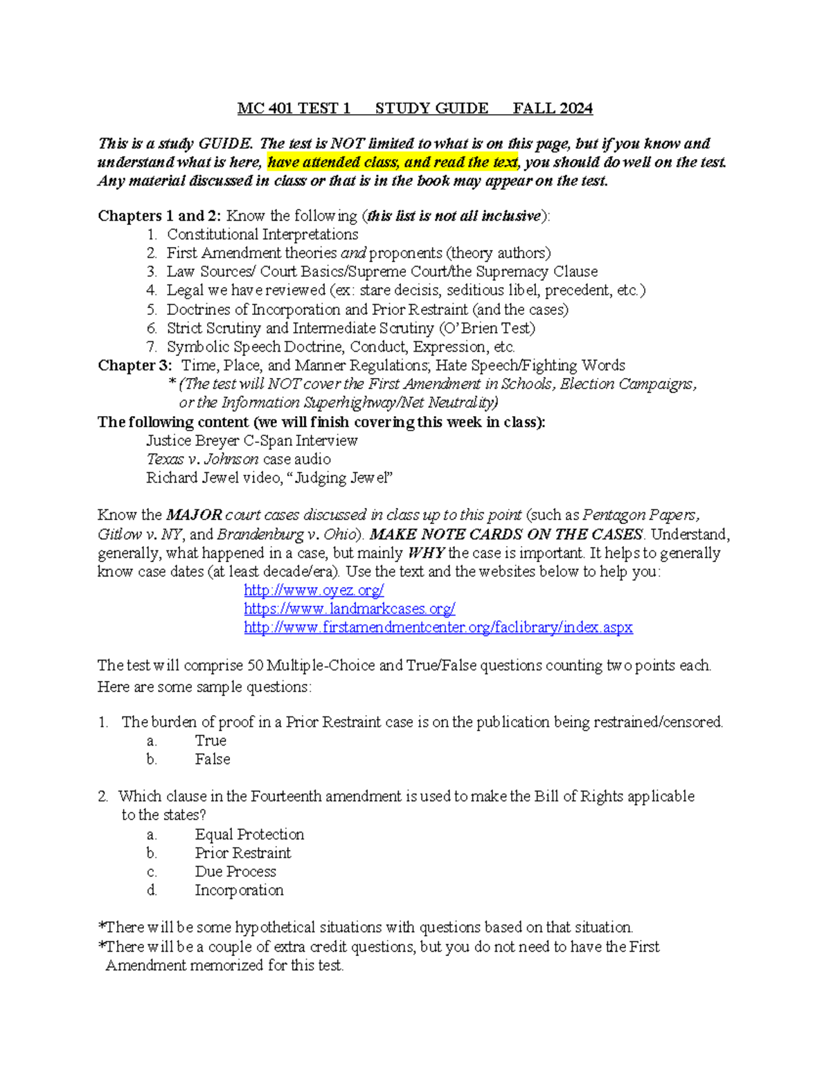 MC401 - study guide - MC 401 TEST 1 STUDY GUIDE FALL 2024 This is a ...