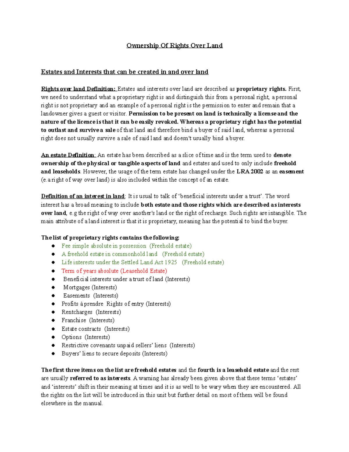 Land Law - Owenrship of rights over land - Ownership Of Rights Over ...