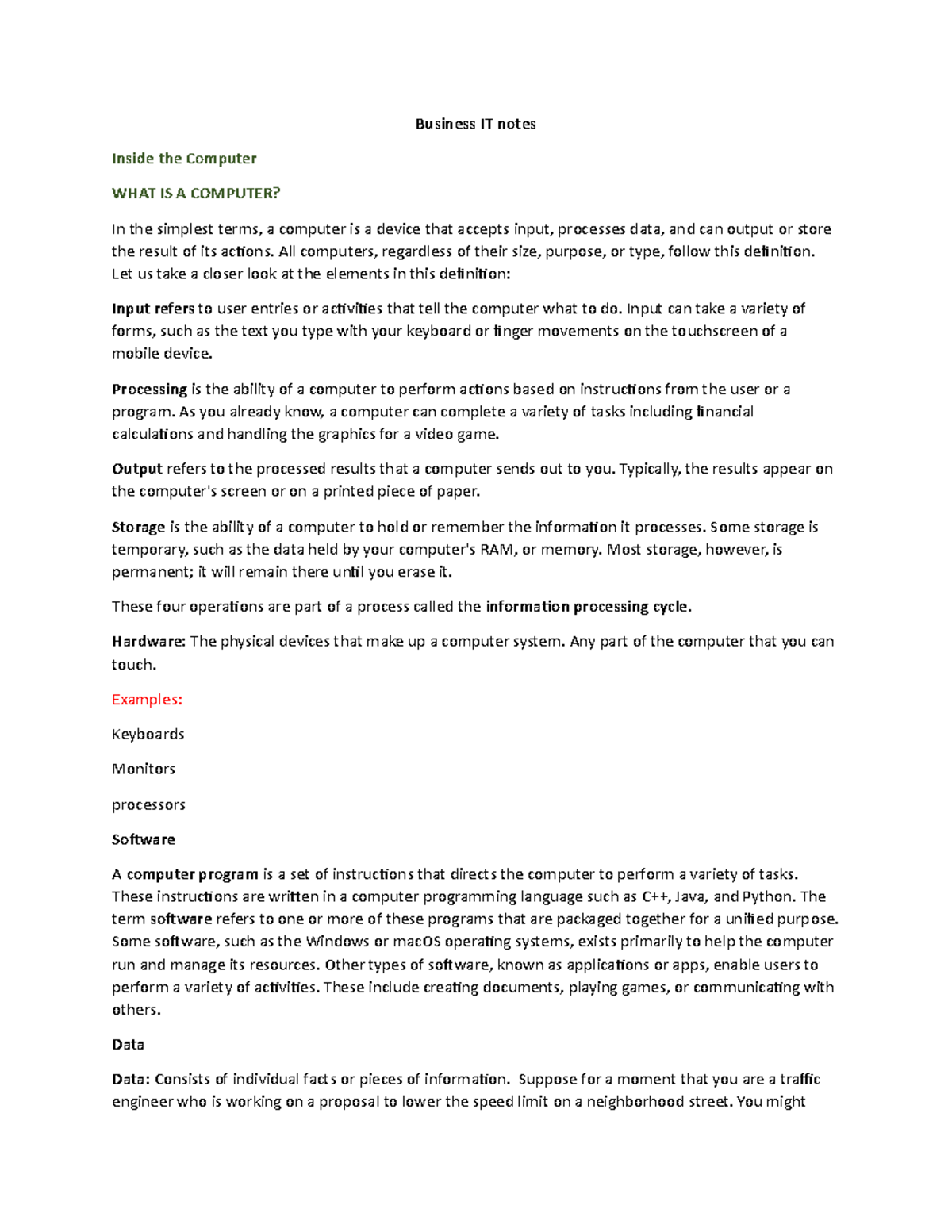 Business IT notes - Business IT notes Inside the Computer WHAT IS A ...