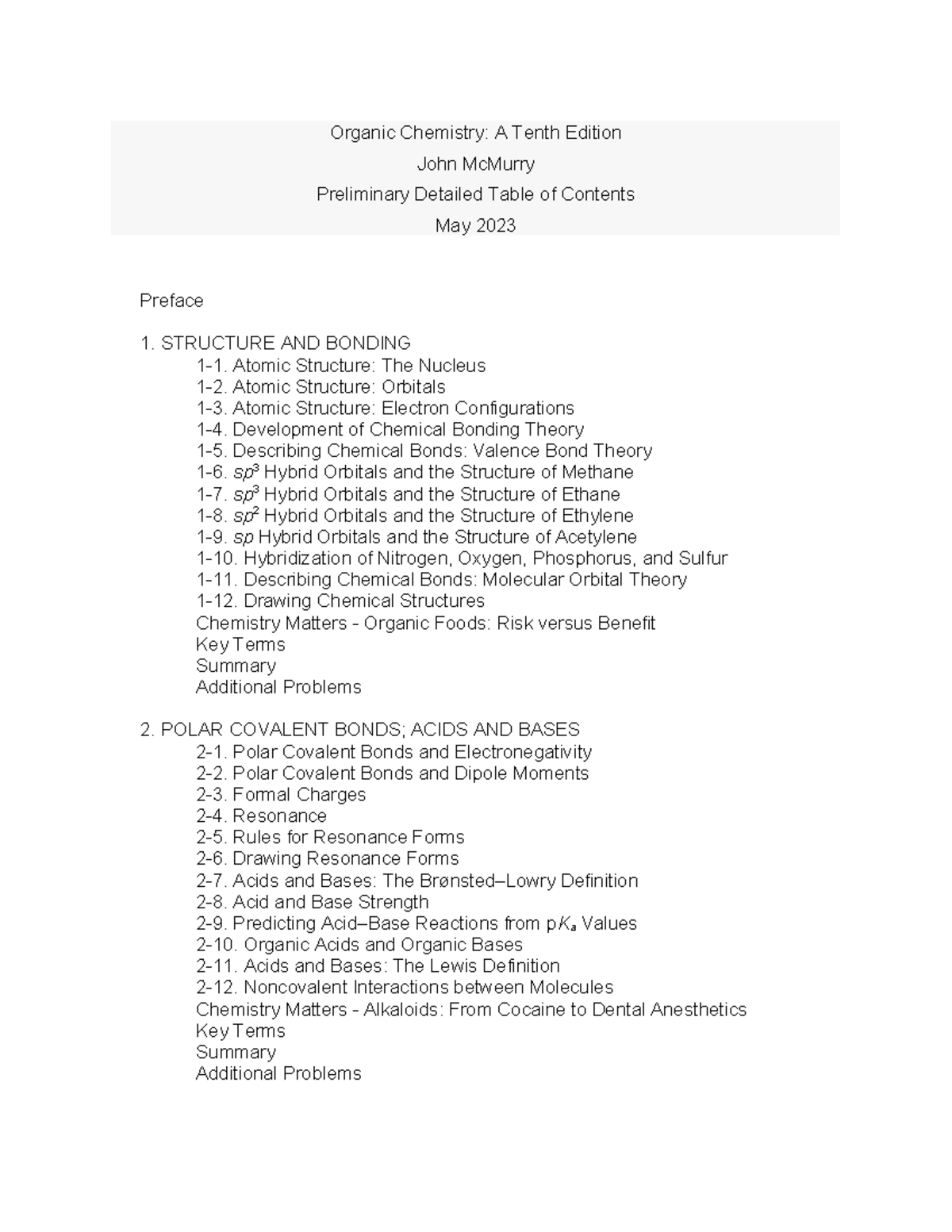 OSX Org Chem 10e TOC - caas - Organic Chemistry: A Tenth Edition John McMurry Preliminary ...