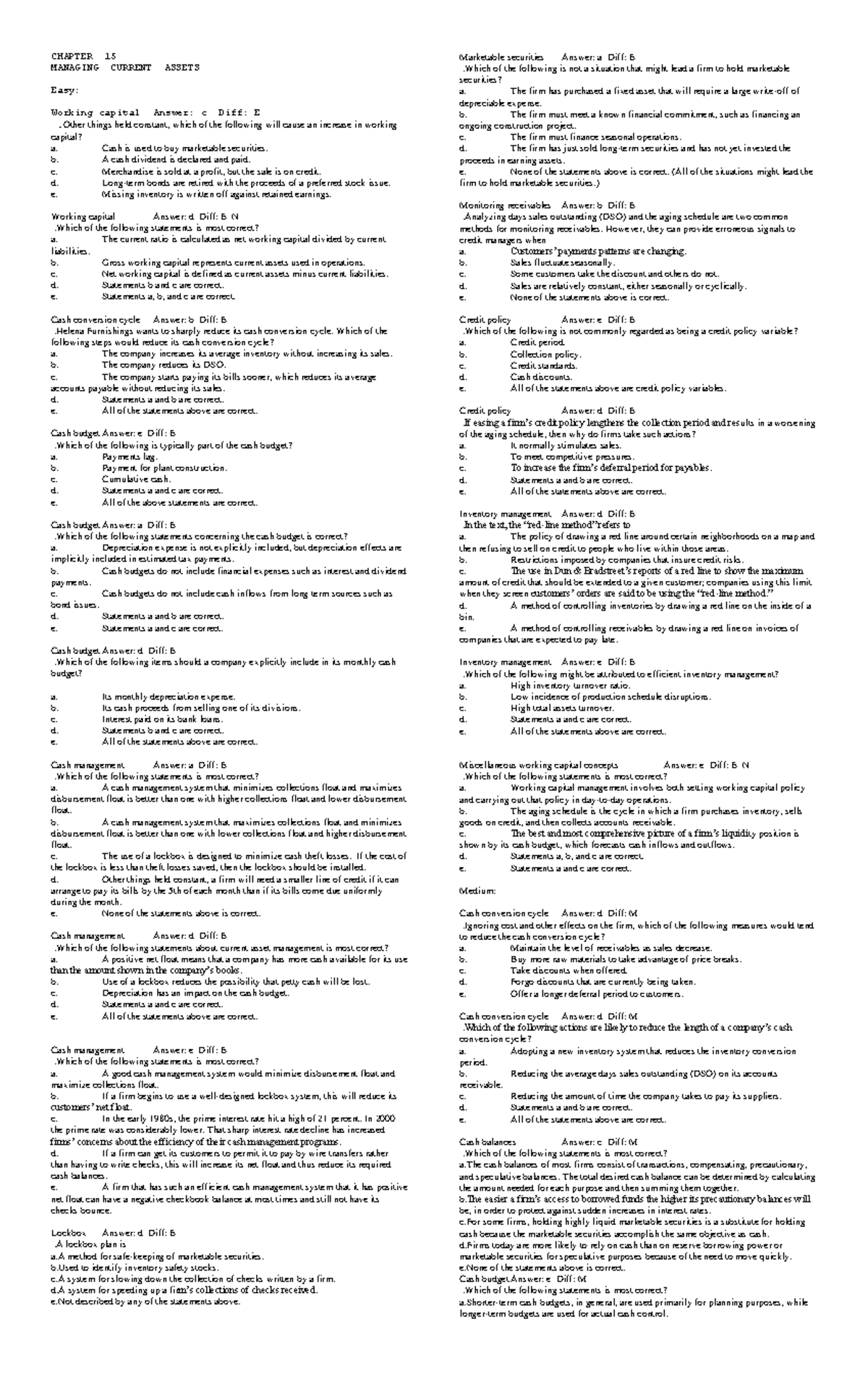 Managing Current Assets - CHAPTER 15 MANAGING CURRENT ASSETS Easy: Working capital Answer: c ...
