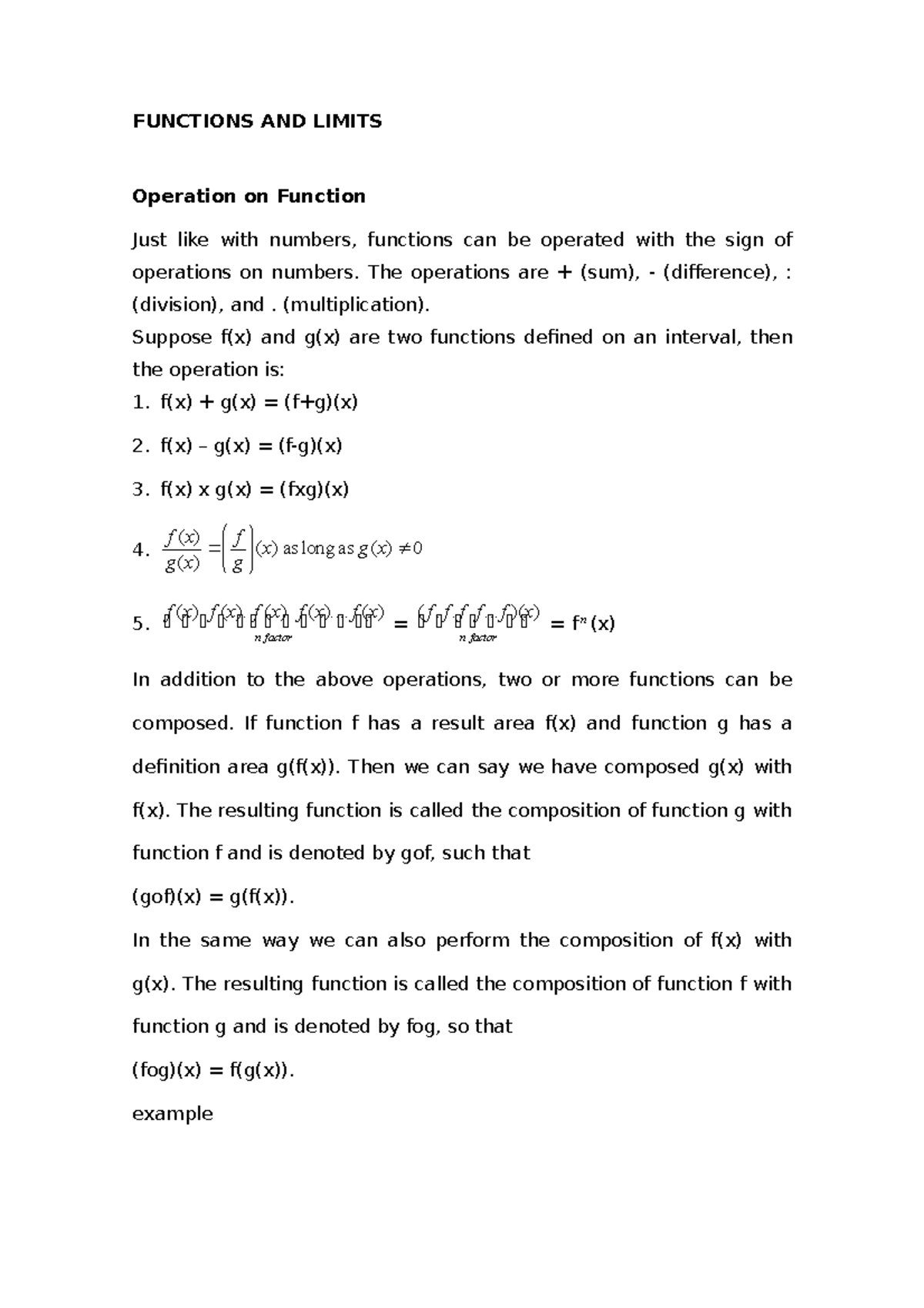 Limit AND Function-Operation on Function - FUNCTIONS AND LIMITS ...