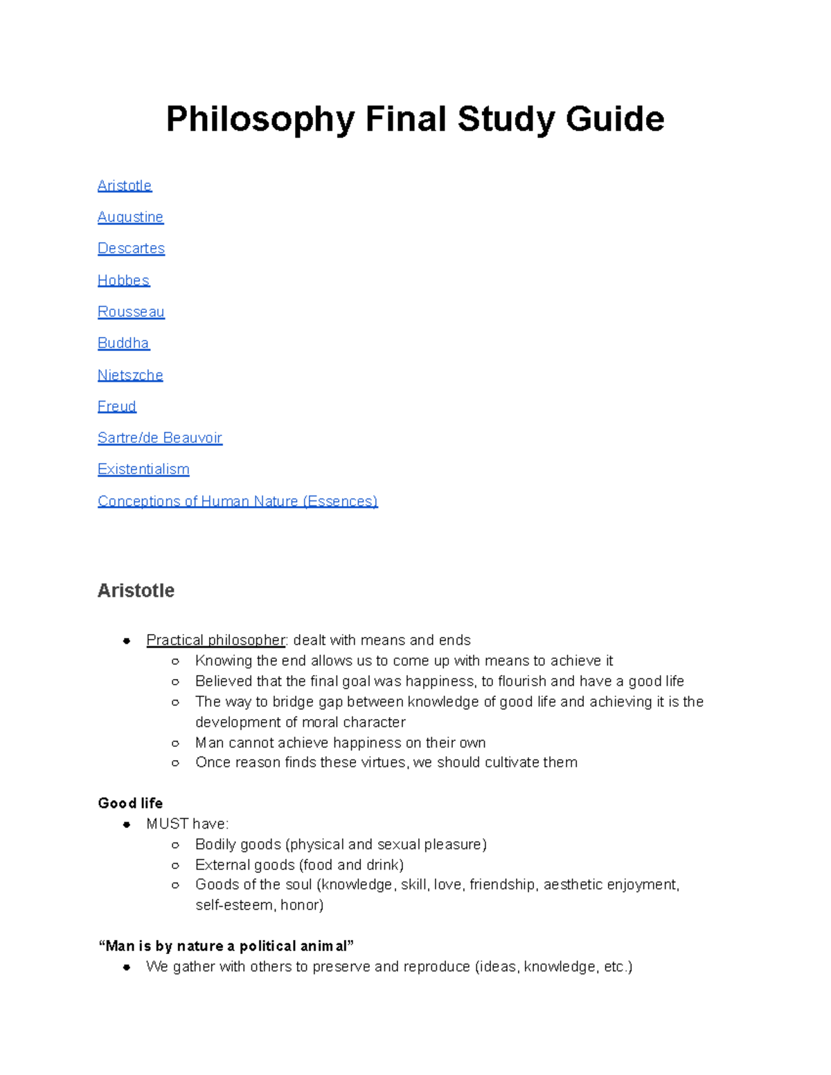 Philosophy Final Study Guide - Philosophy Final Study Guide Aristotle ...