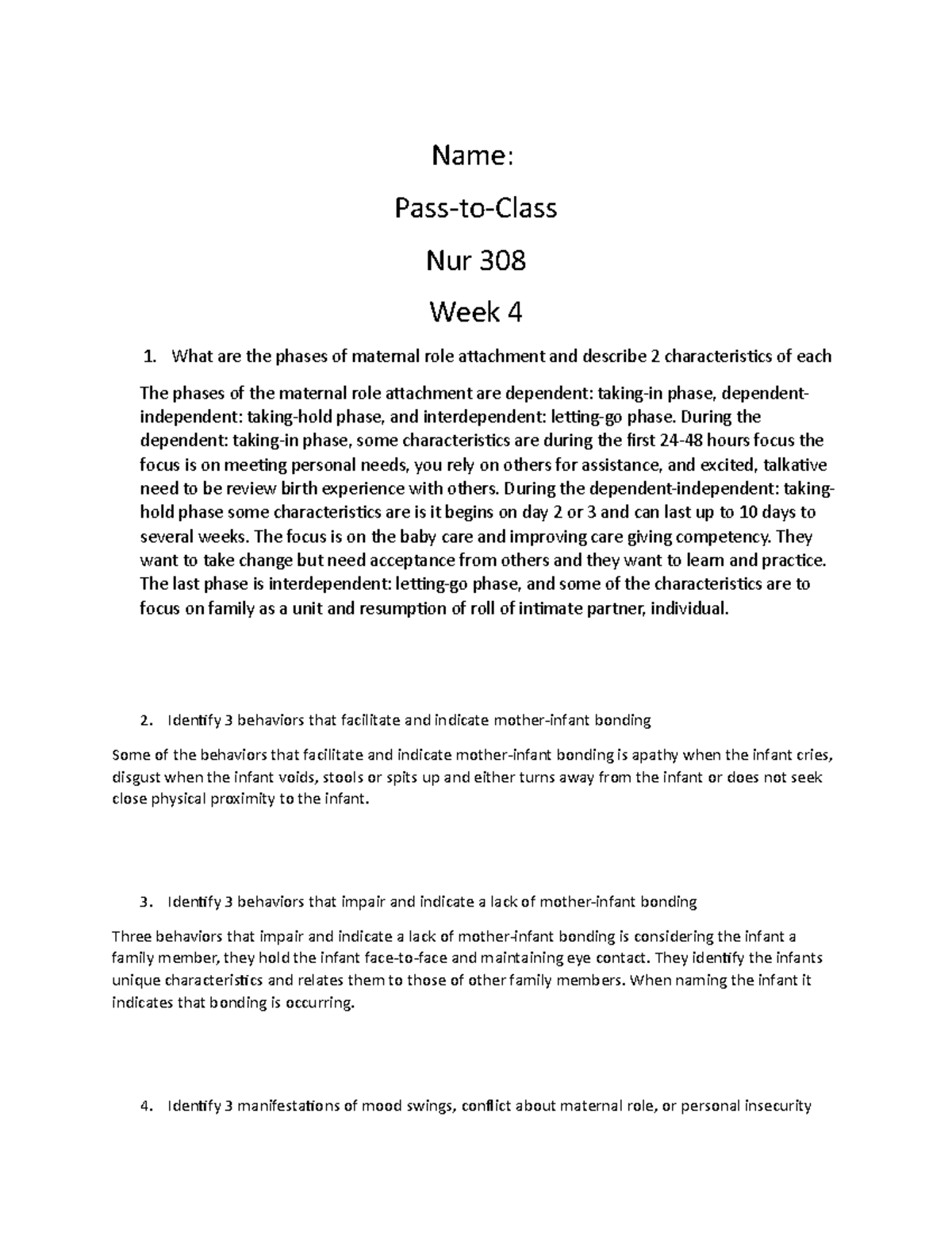 OB Wk 4a PTC - pass to class week 4 - Name: Pass-to-Class Nur 308 Week ...