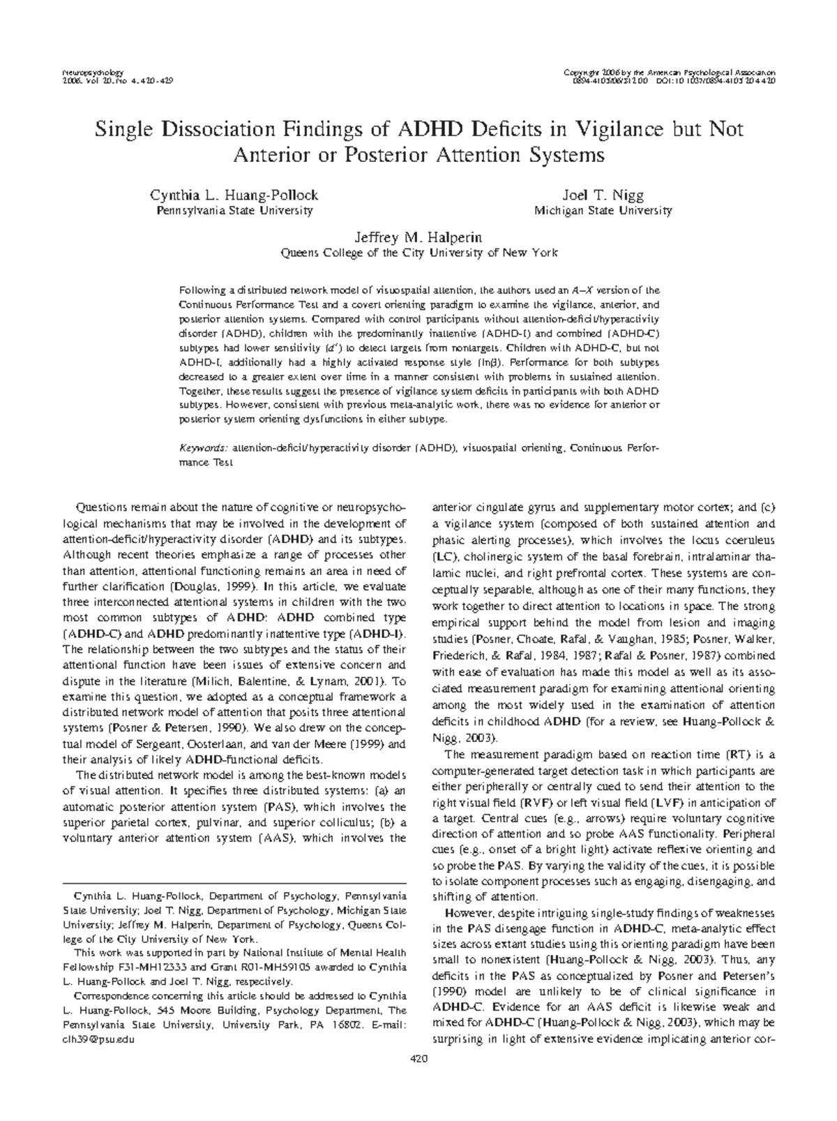 ADHD neuropsychologia - Single Dissociation Findings of ADHD Deficits ...