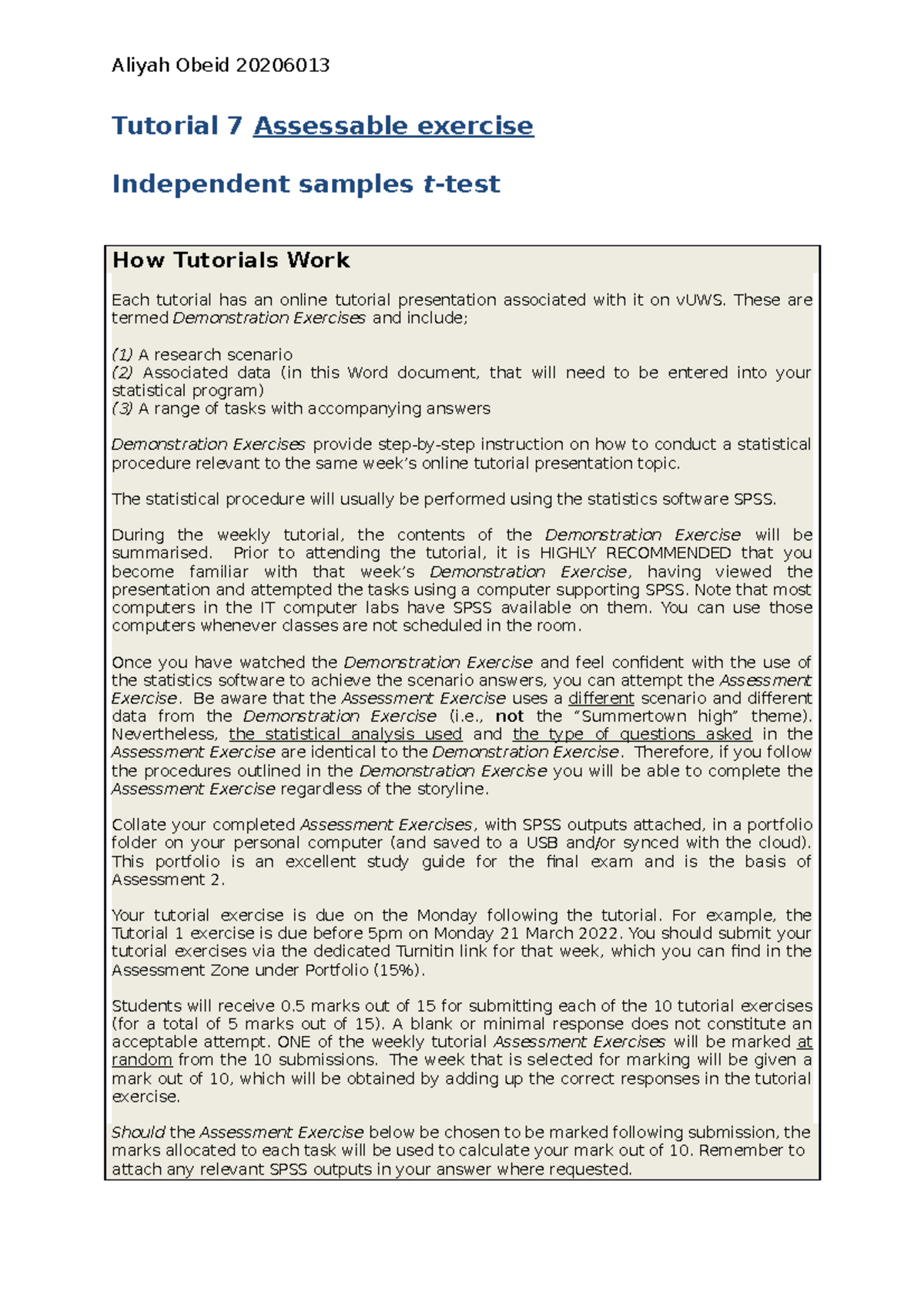 20206013 tutorial 7 exercise - Tutorial 7 Assessable exercise ...