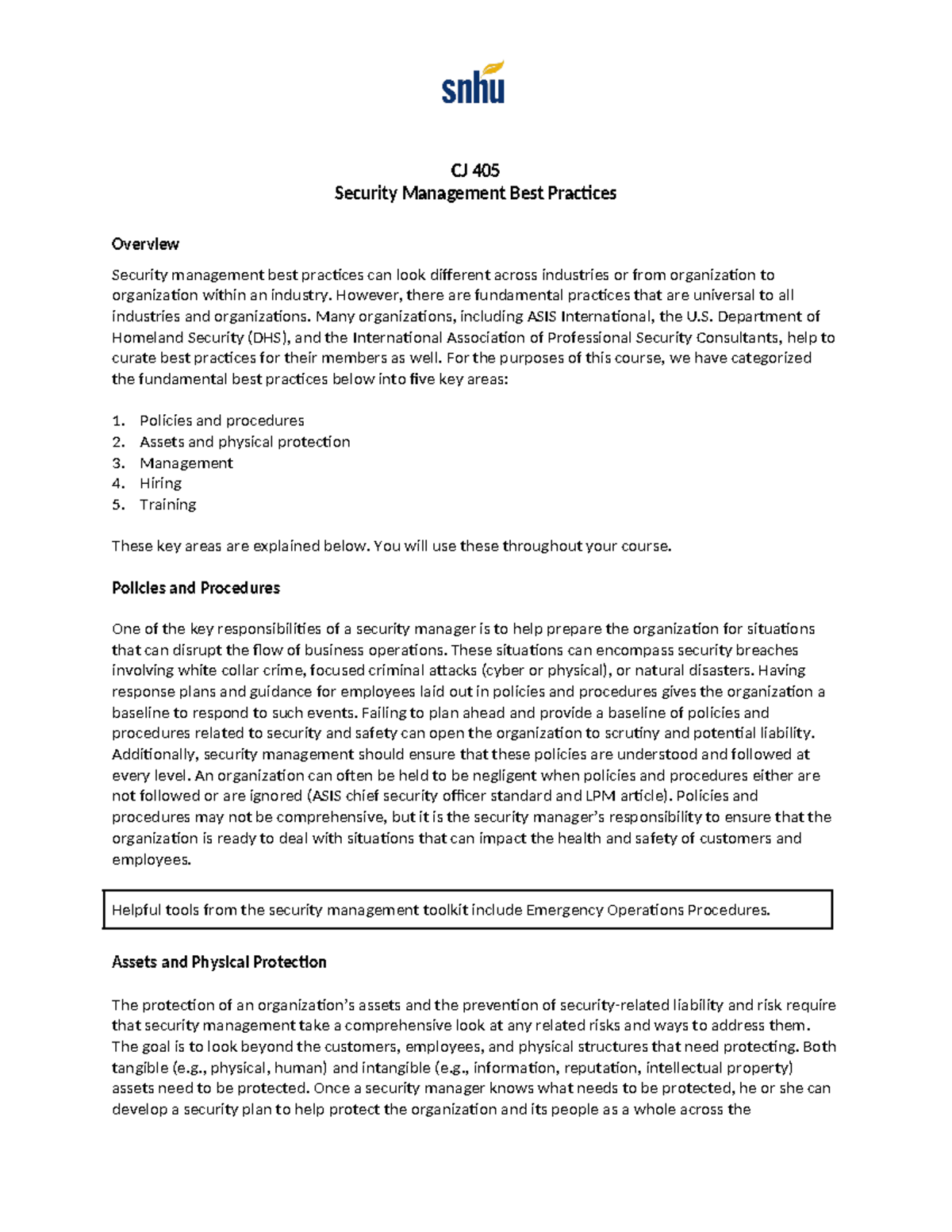 CJ 405 Security Management Best Practices - CJ 405 Security Management ...