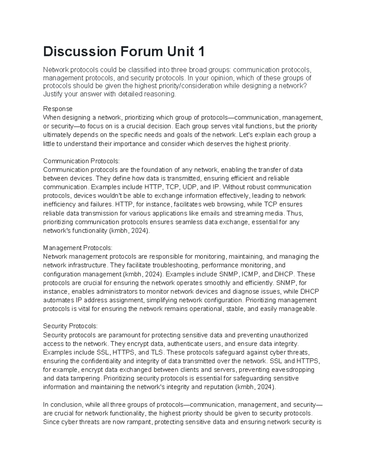 CS 4404-01 Discussion Forum - Discussion Forum Unit 1 Network protocols ...