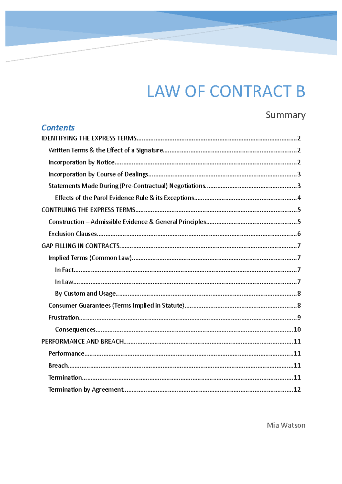 Contract B - LAW OF CONTRACT B Summary Contents IDENTIFYING THE EXPRESS ...