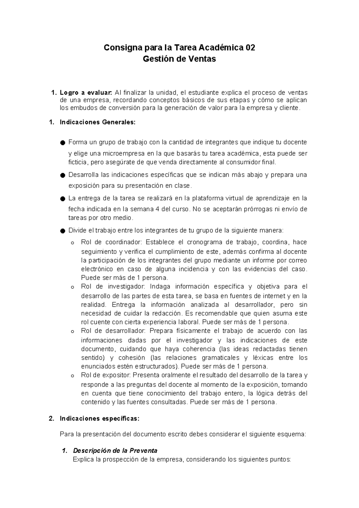 TA2 Indicaciones A50N - Consigna para la Tarea Académica 02 Gestión de Ventas 1. Logro a evaluar ...