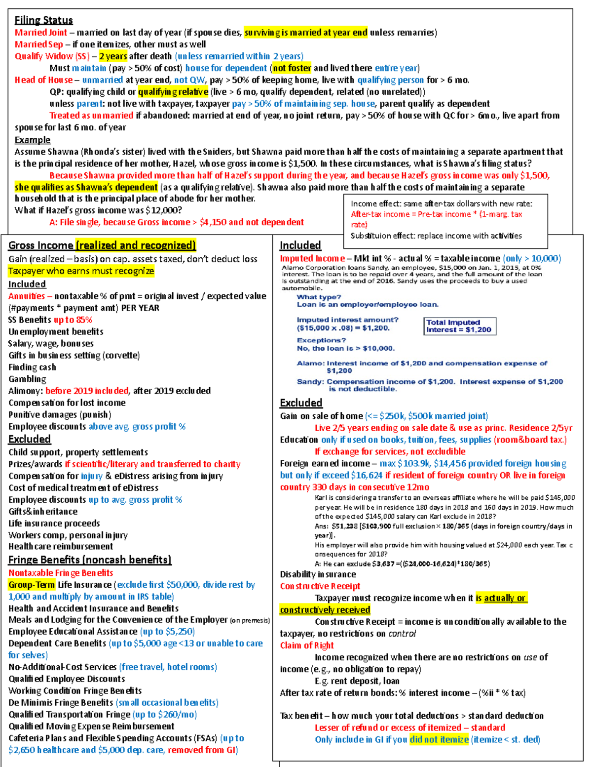 Exam 1 cheat sheet - Filing Status Married Joint – married on last day ...