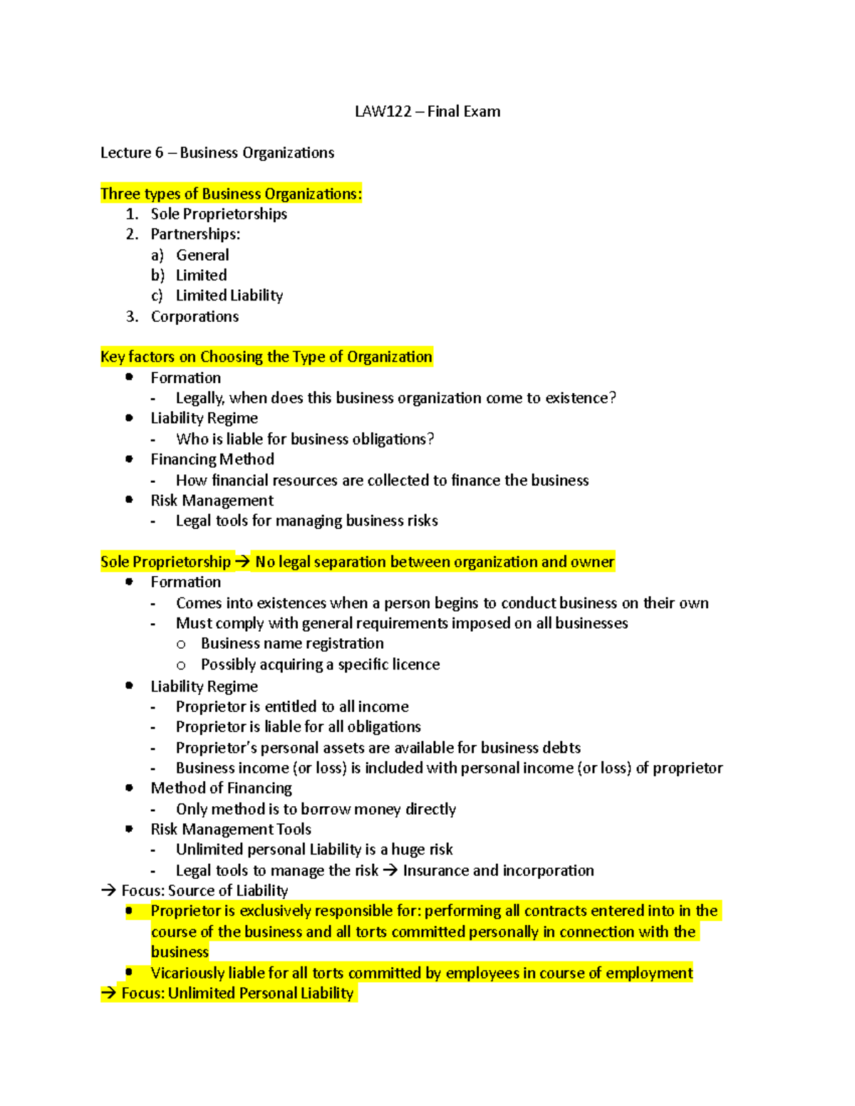 LAW122 - Final Review - Lecture notes 1-all - LAW122 – Final Exam ...
