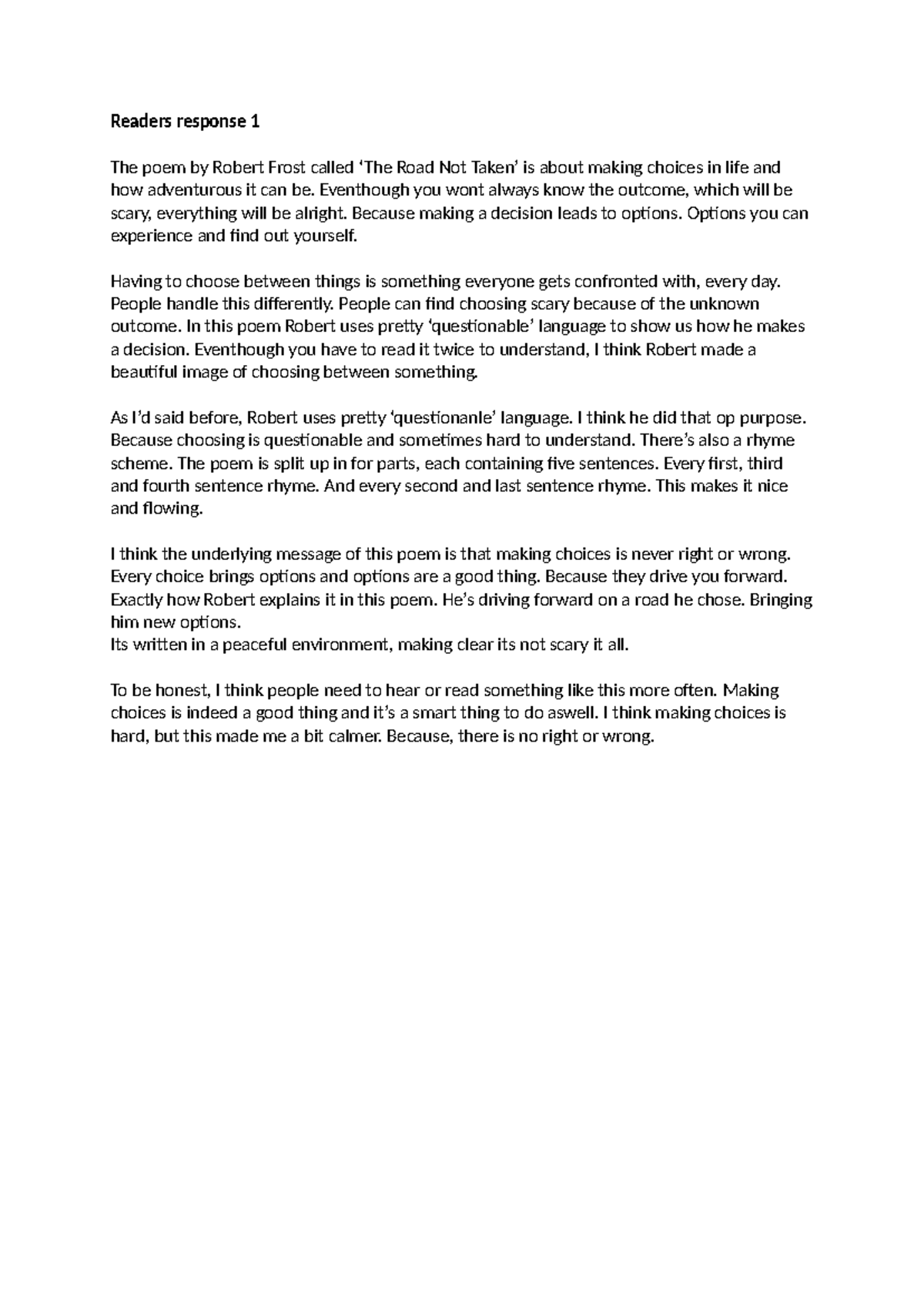 Engels poem - Readers response van poem - Readers response 1 The poem ...