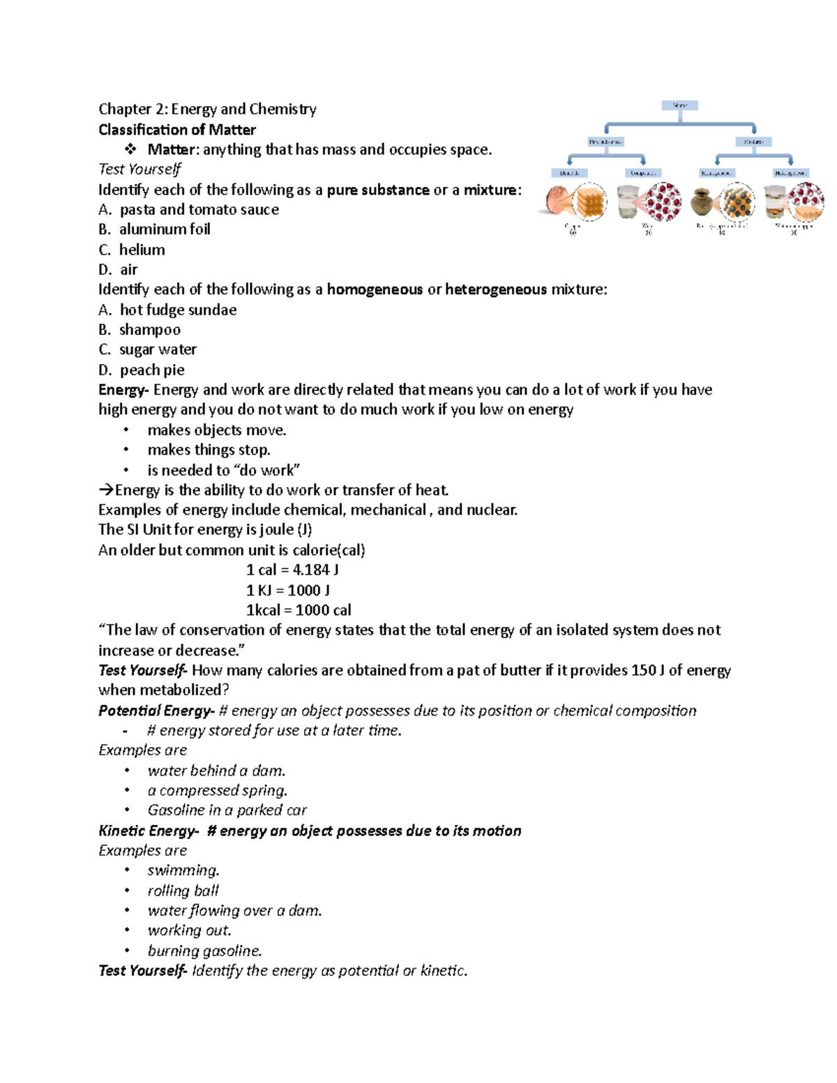 Chapter 2 Notes - Chapter 2: Energy and Chemistry Classification of ...