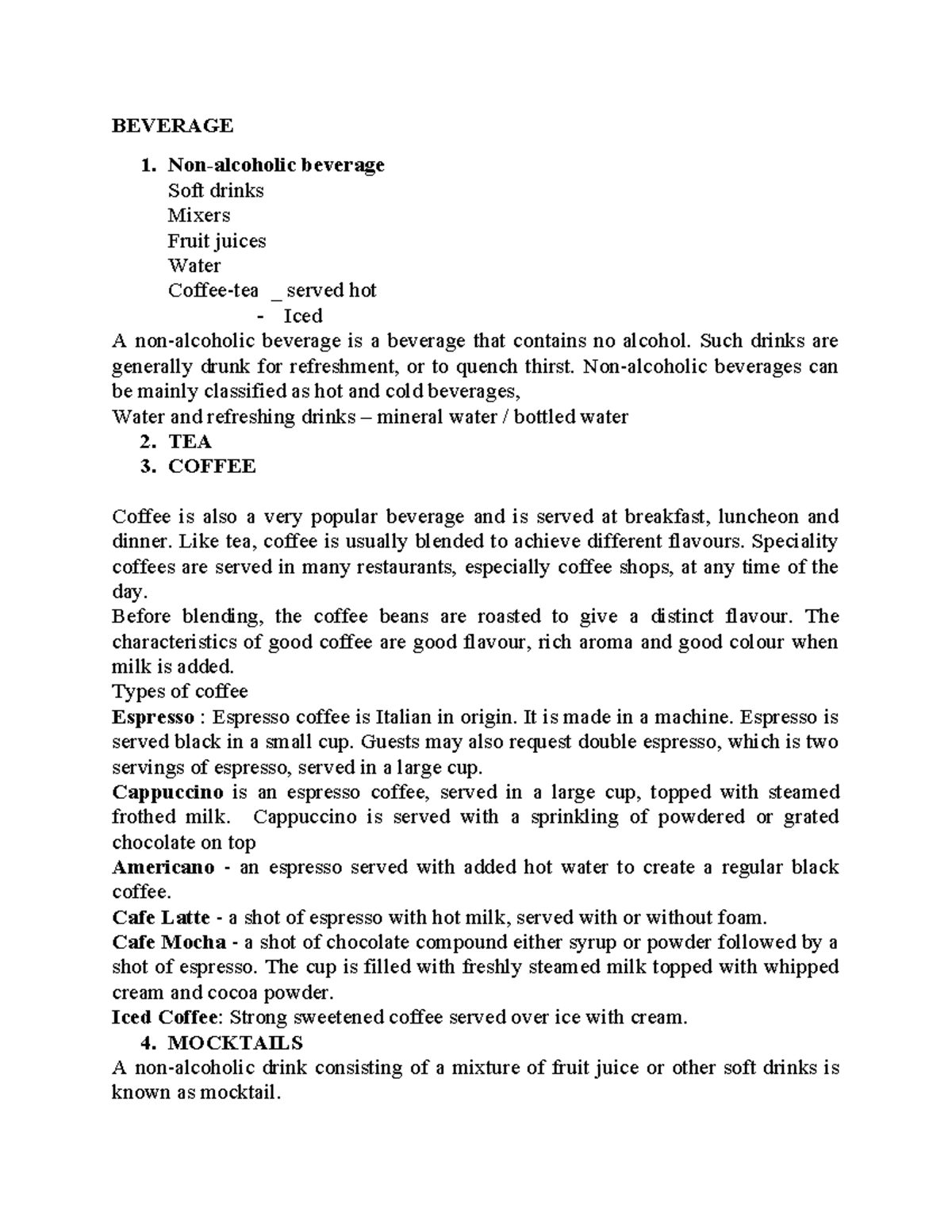 Beverage - BEVERAGE 1. Non-alcoholic beverage Soft drinks Mixers Fruit ...