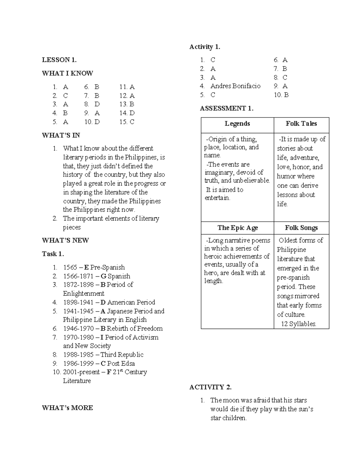 21ST Century Module 1 - LESSON 1. WHAT I KNOW 1. A 6. B 11. A 2. C 7. B ...