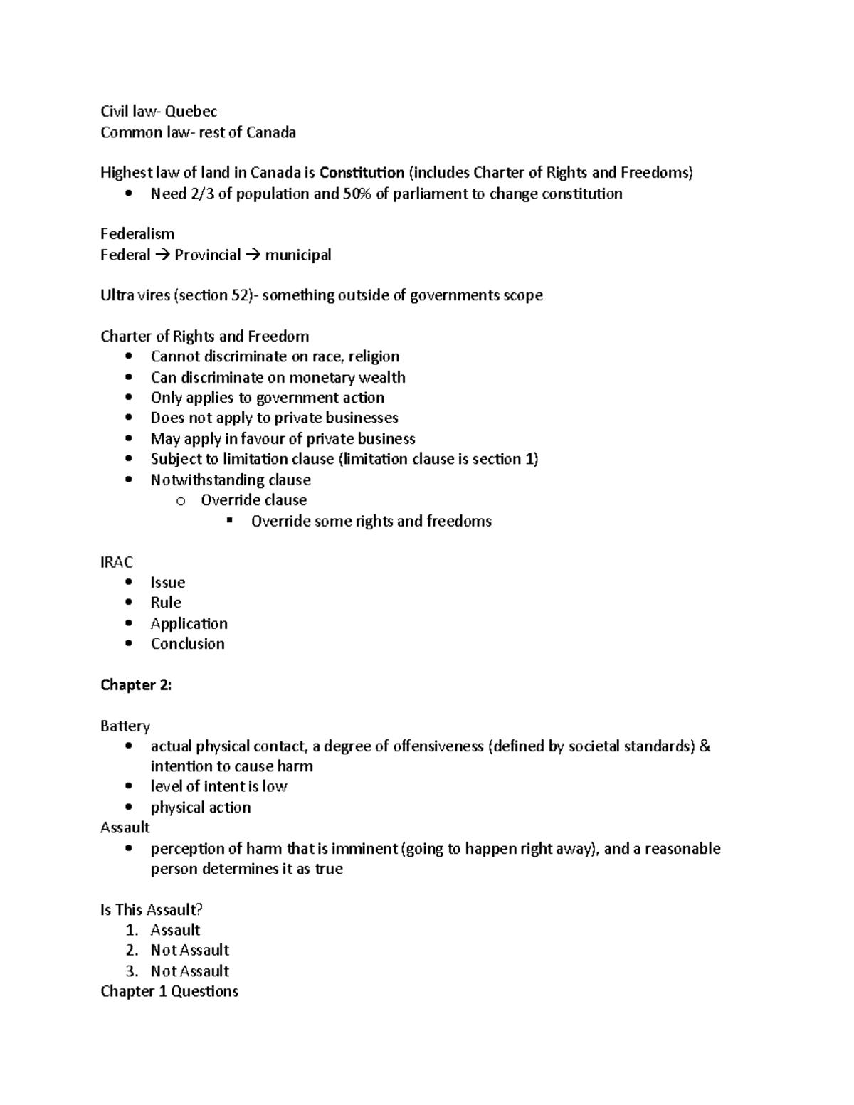 LAW122 Lecture 01 - Civil law- Quebec Common law- rest of Canada ...