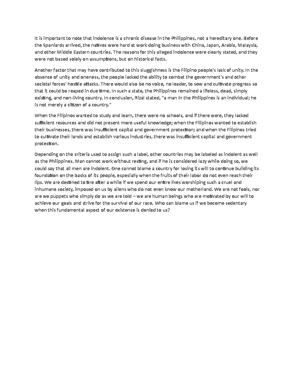 Essay on Indolence of the Filipino - It is important to note that ...