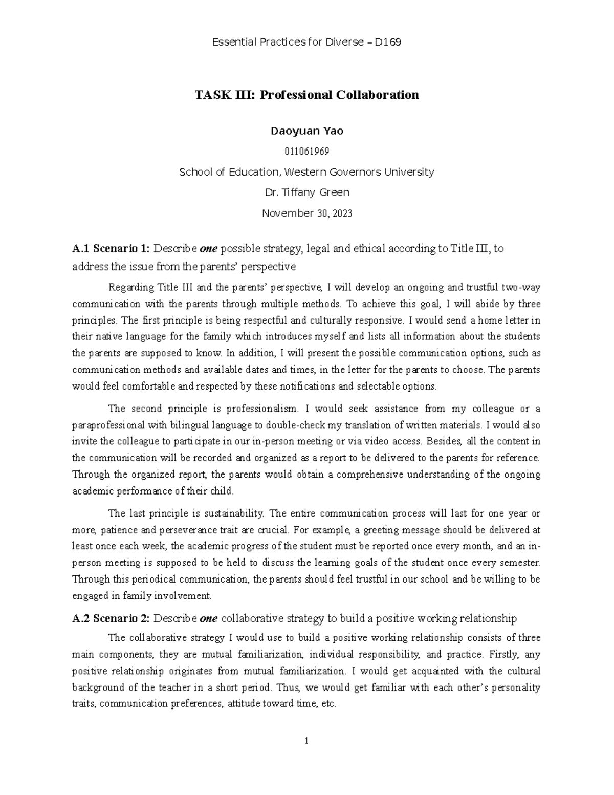 PROFESSIONAL COLLABORATION - Essential Practices for Diverse – D TASK III: Professional - Studocu