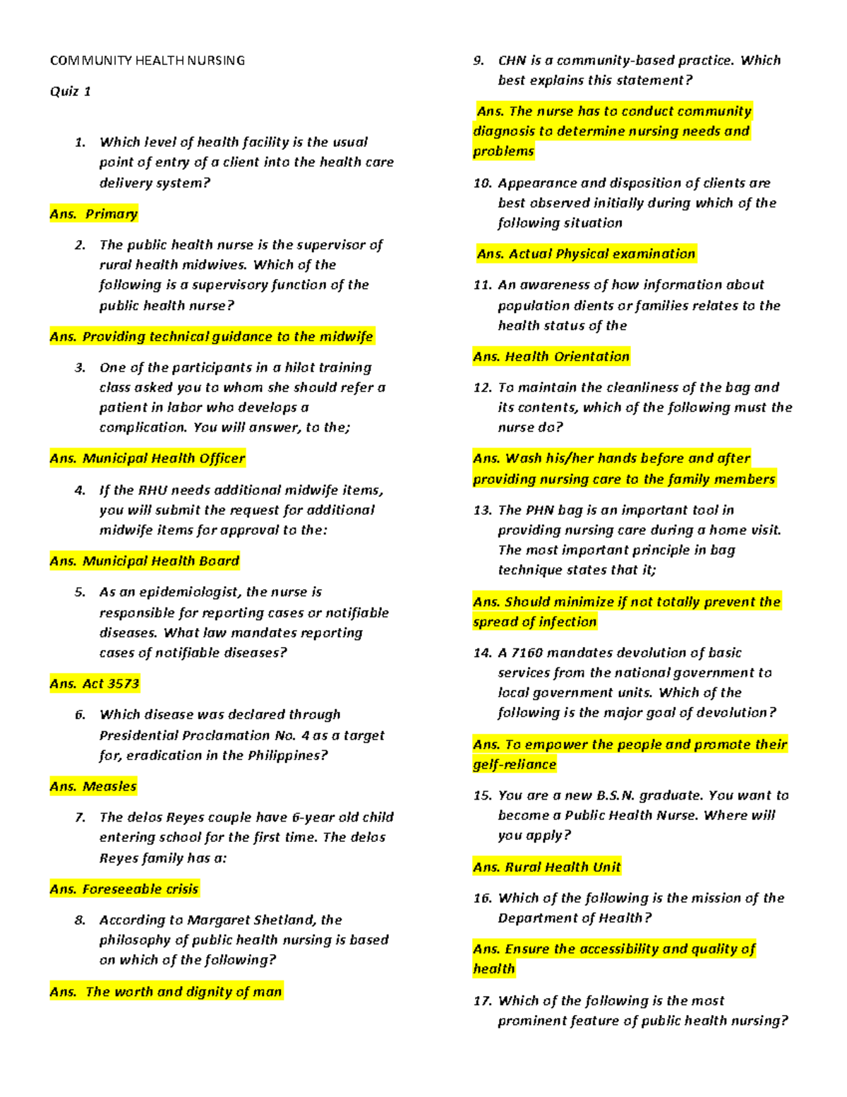 CHN-exam-questionnaire - COMMUNITY HEALTH NURSING Quiz 1 1. Which level of health facility is ...