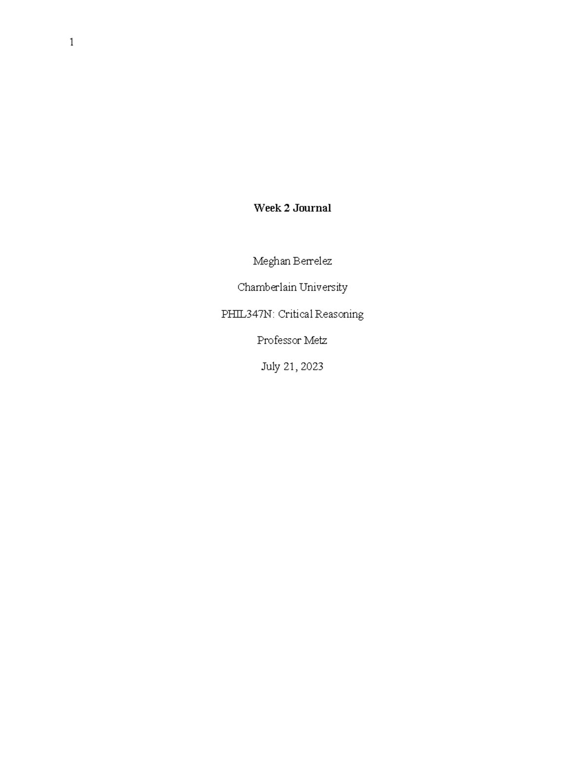 Week 2 Journal - Week 2 Journal Meghan Berrelez Chamberlain University ...