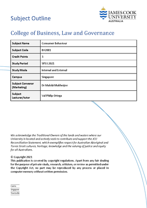 BX2081 SP51 2023 Subject Outline - Subject Outline Subject Title Consumer Behaviour Subject Code ...