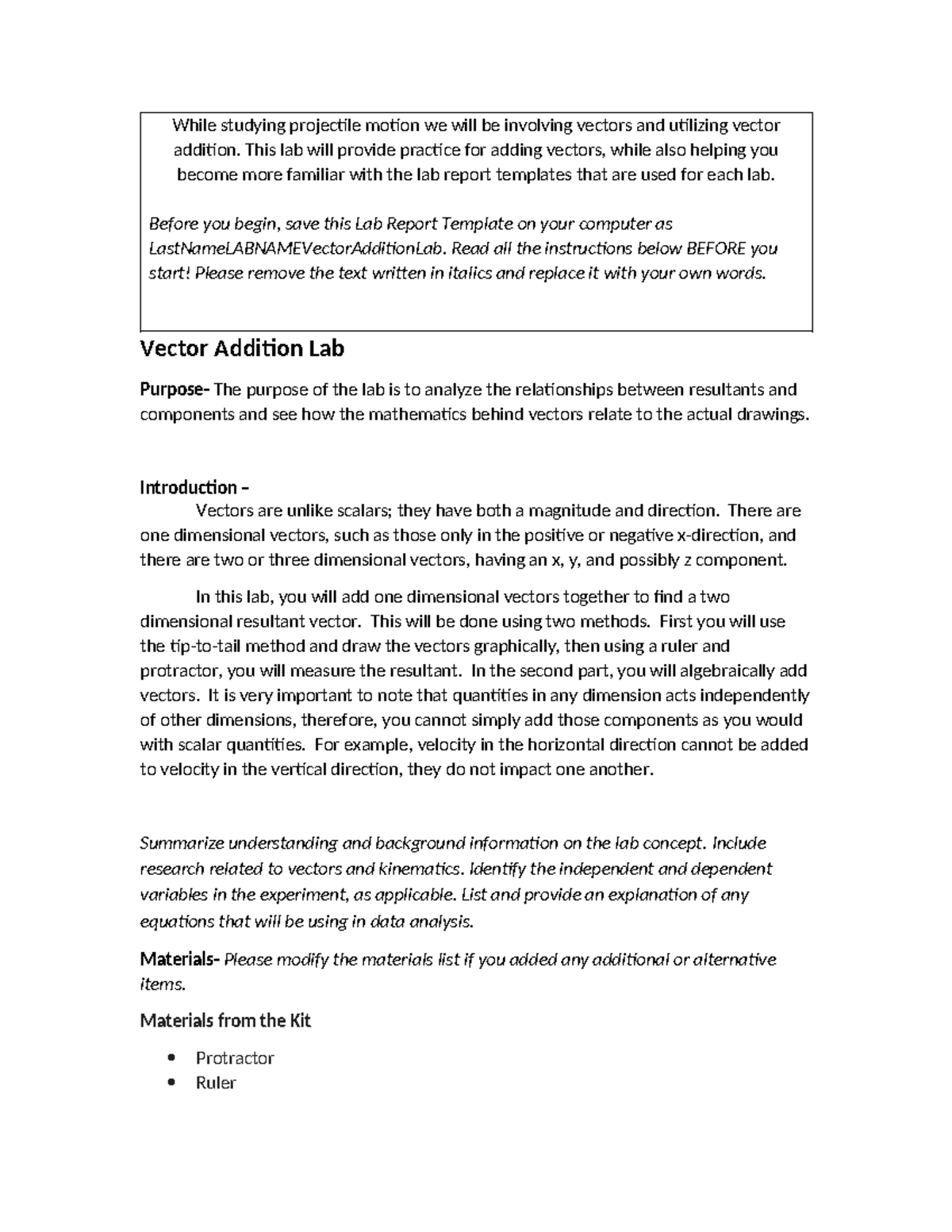 APH1 Unit 1b Vector Addition Lab - While studying projectile motion we ...