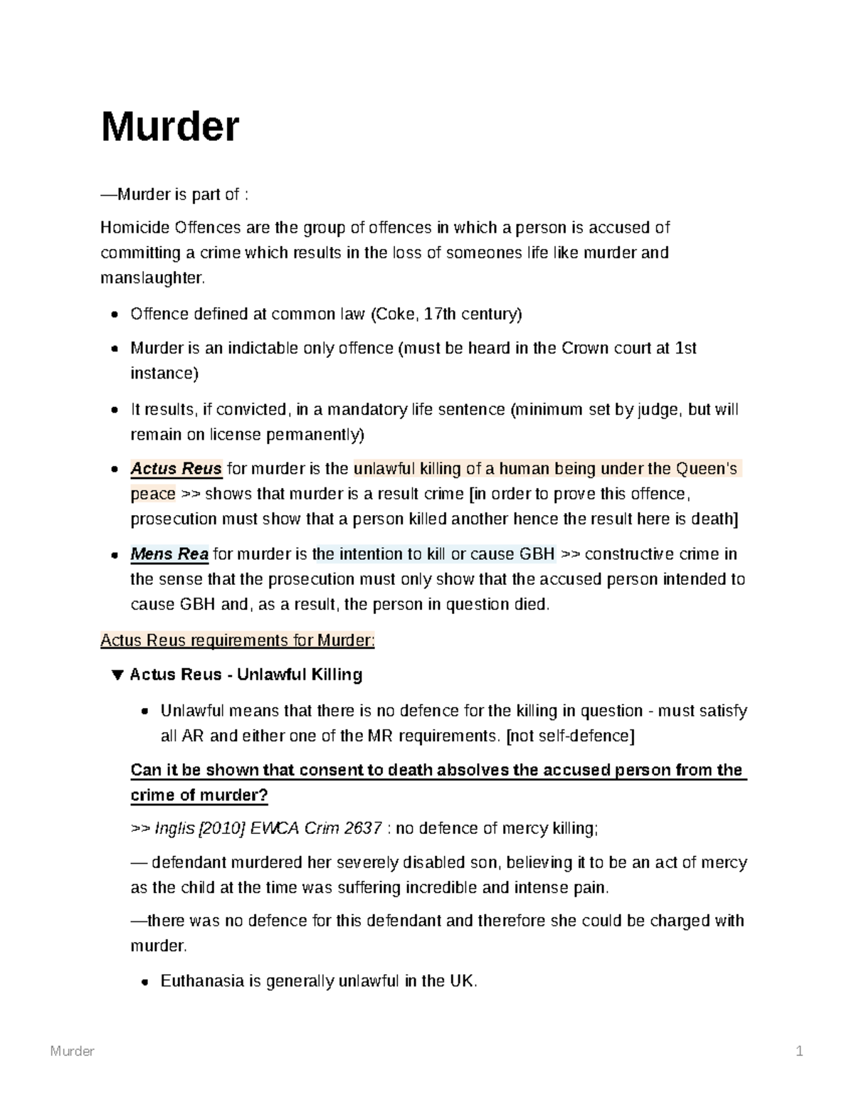 First Year Law - Murder Lecture and seminar notes - Law1003 - SOAS ...