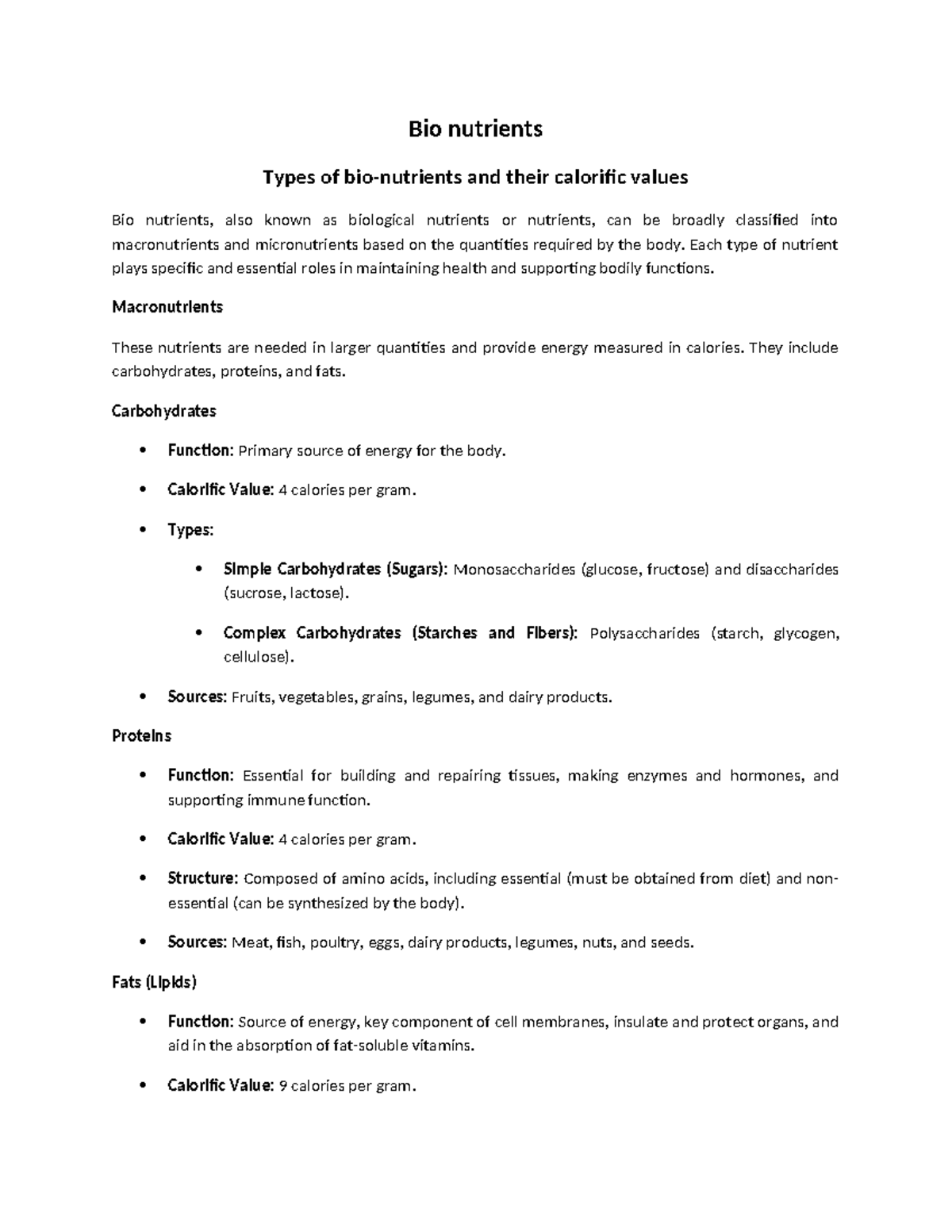 Bionutrients - Bio nutrients lecture notes for paramedics. - Bio ...