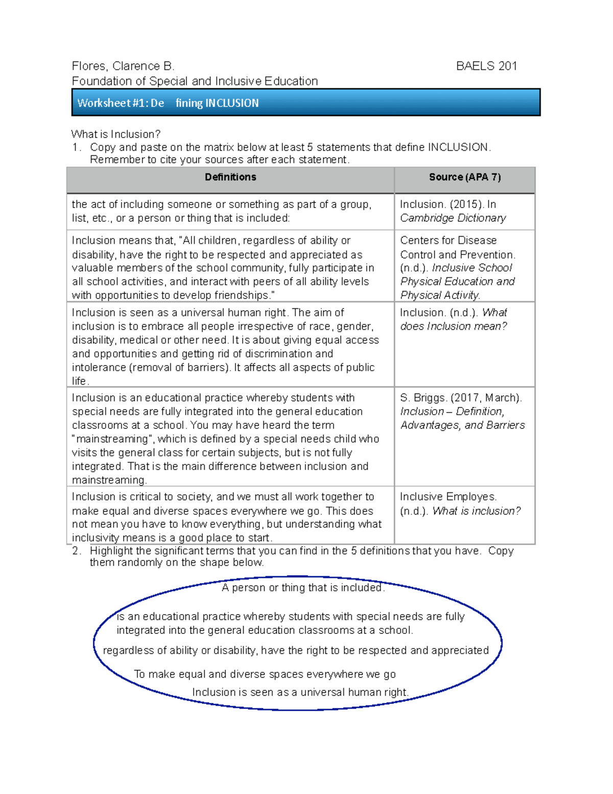 Worksheet 1 Defining Inclusion - Flores, Clarence B. BAELS 201 ...