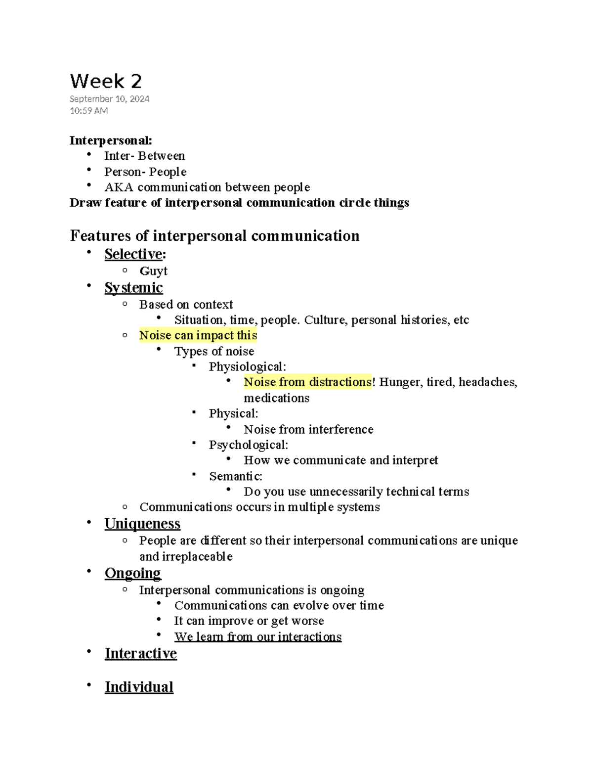 Chapter 2 Notes - Week 2 September 10, 2024 10:59 AM Interpersonal ...