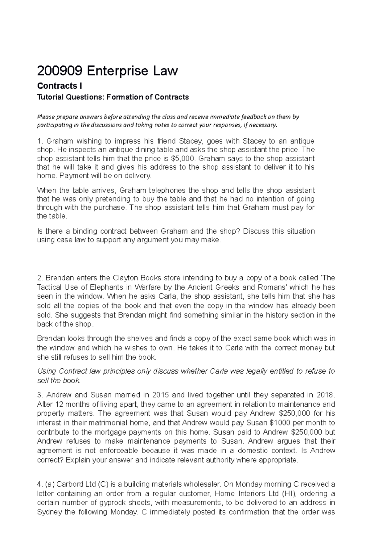 Contract I practice paper. do before exam - 200909 Enterprise Law Contracts I Tutorial Questions ...