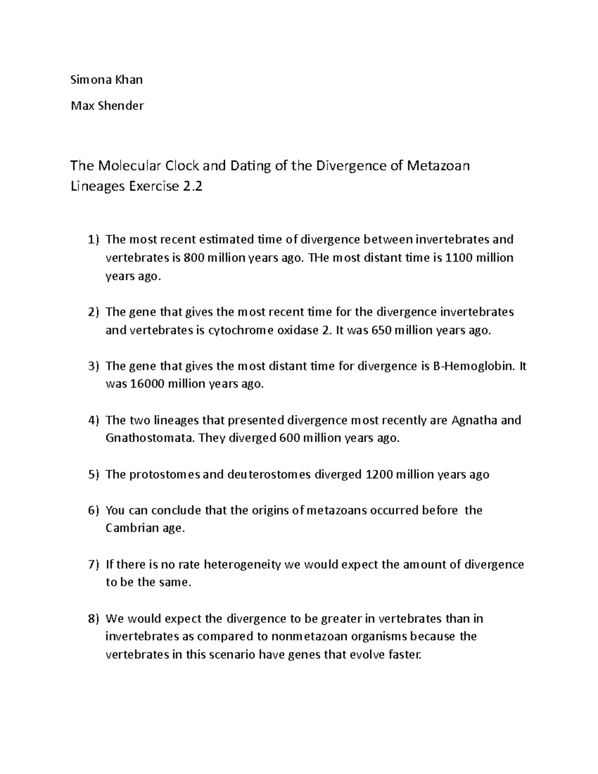 Bio 119 Lab Molecular Clock Exercise 2 - Simona Khan Max Shender The ...