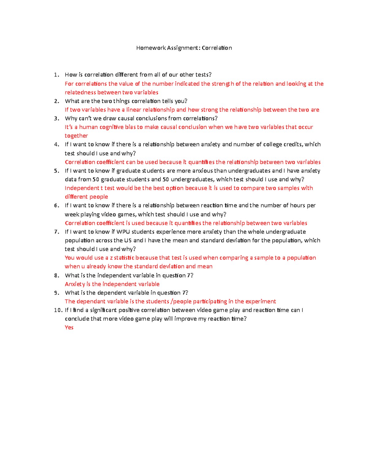Homework Assignment Correlation Homework Assignment Correlation How