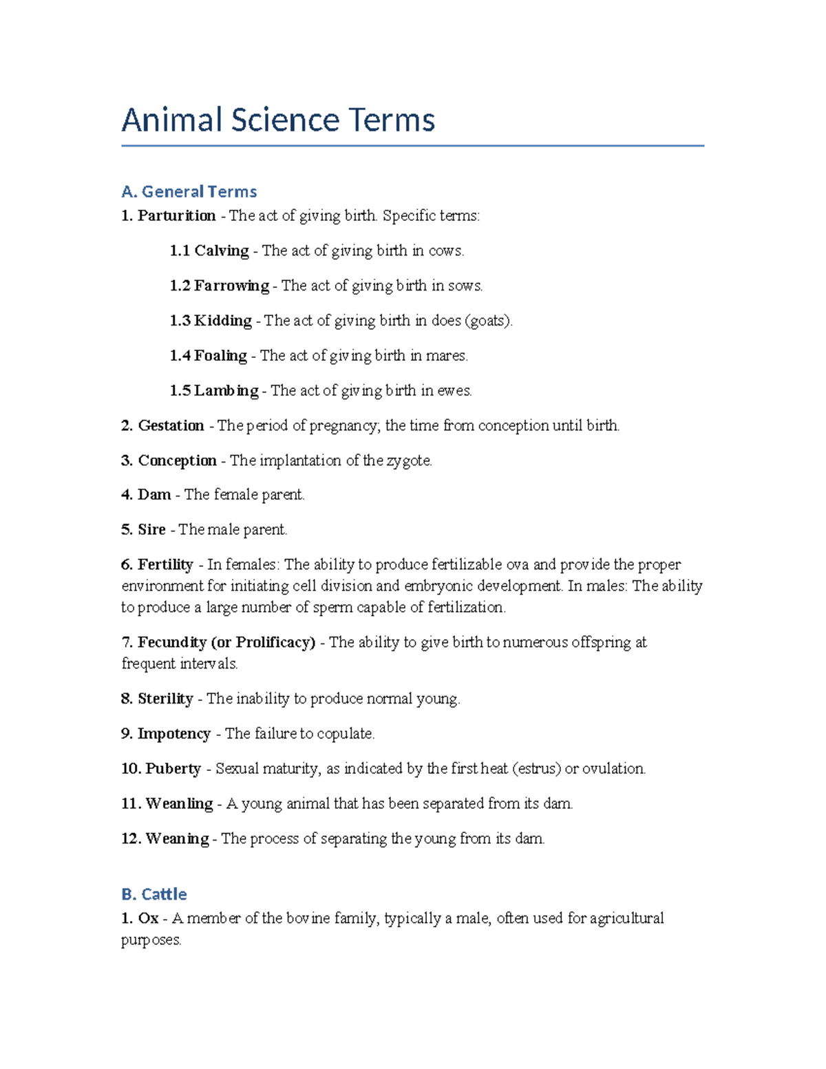 Animal Science Terms - General Terms Parturition - The act of giving ...