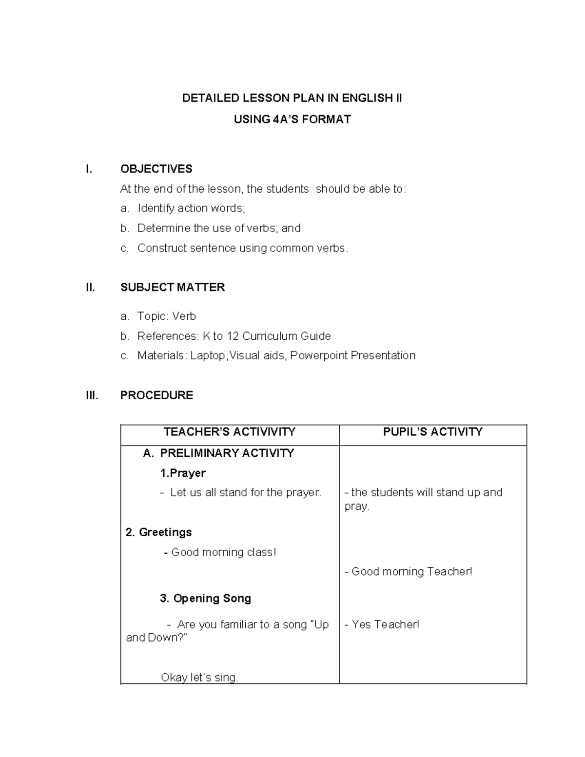 Lesson PLAN IN English - DETAILED LESSON PLAN IN ENGLISH II USING 4A’S ...